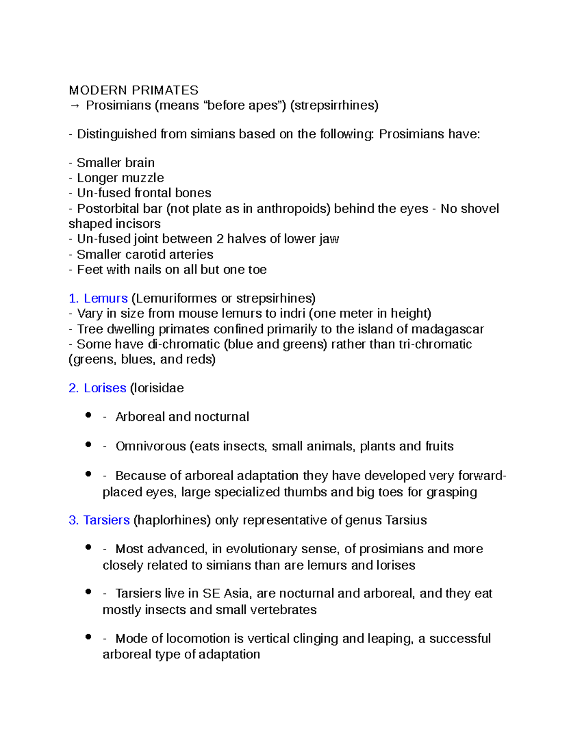Modern Primates - ANTH 212 - MODERN PRIMATES → Prosimians (means ...