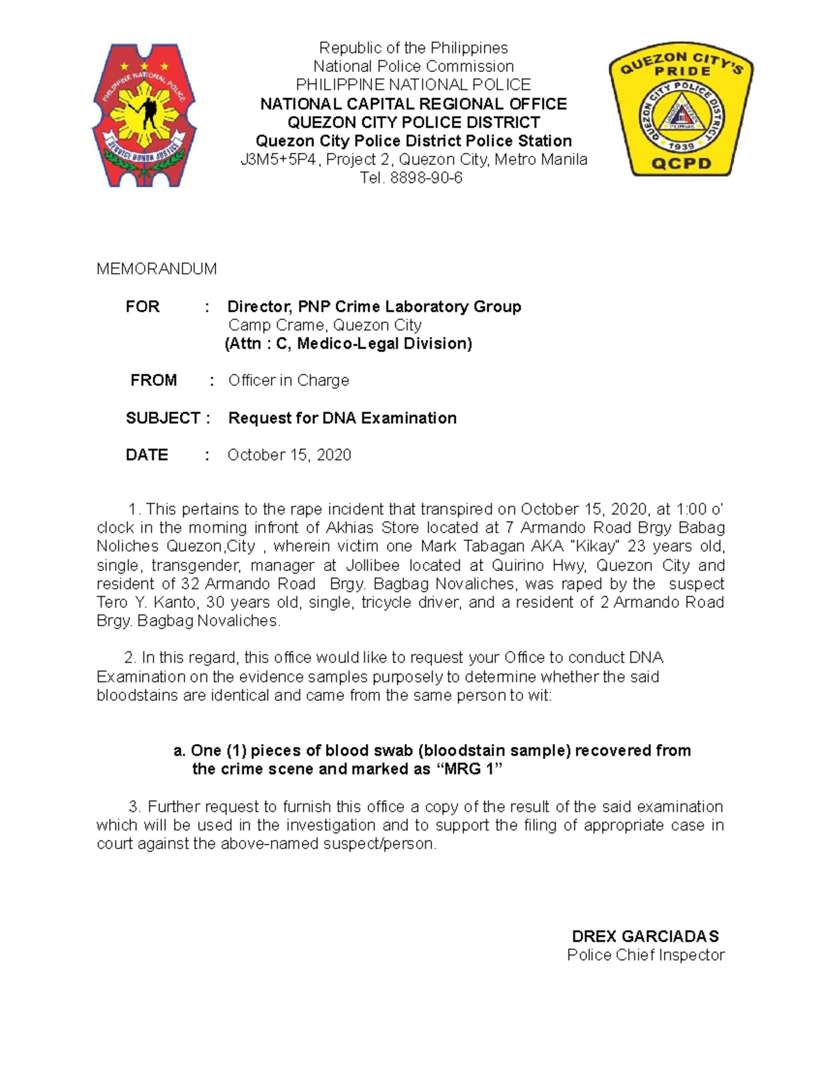 Request for DNA Examination - Republic of the Philippines National ...