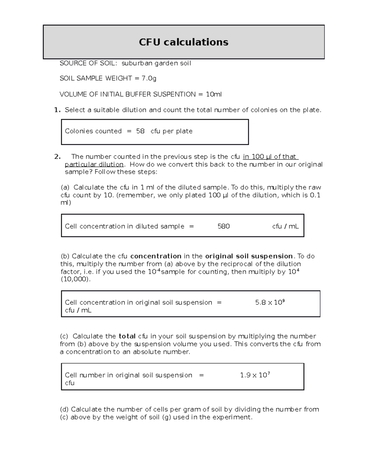 Soil CFU calculations student Template - CFU calculations SOURCE OF ...