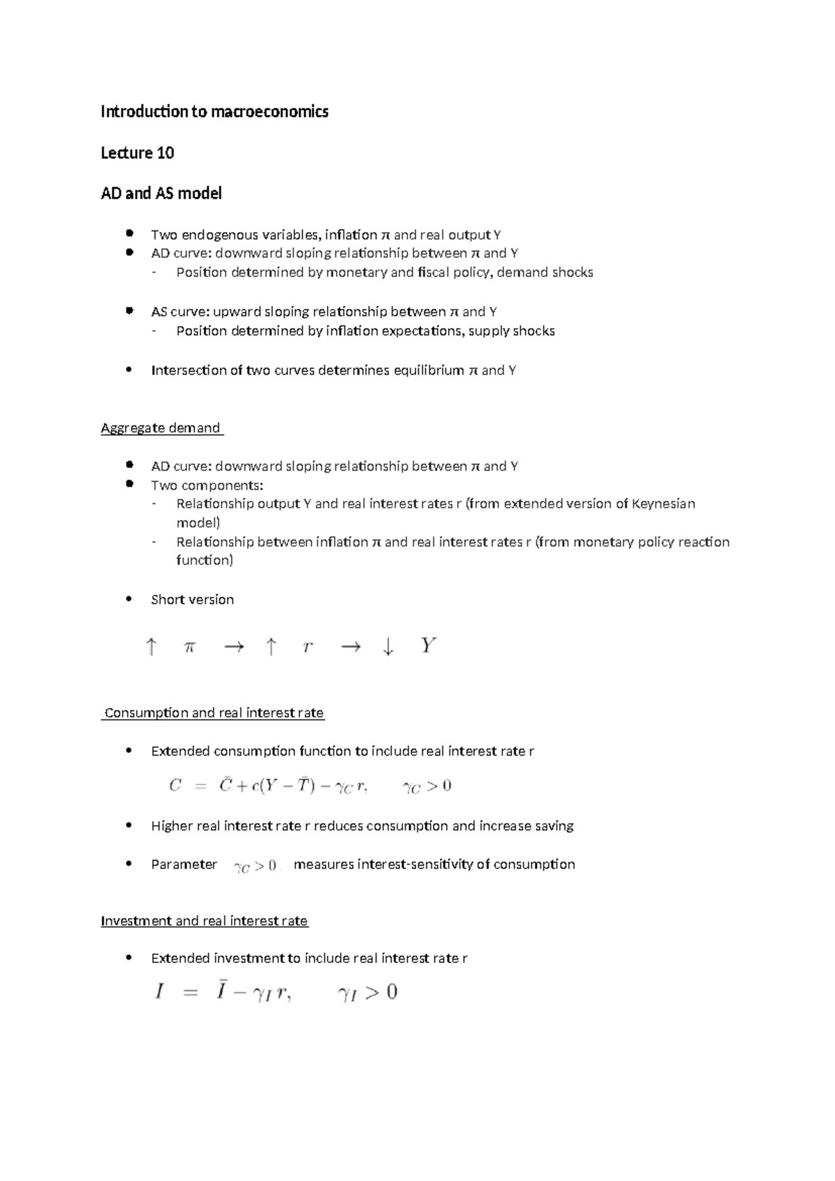 Lecture 10 macro - Introduction to macroeconomics Lecture 10 AD and AS ...