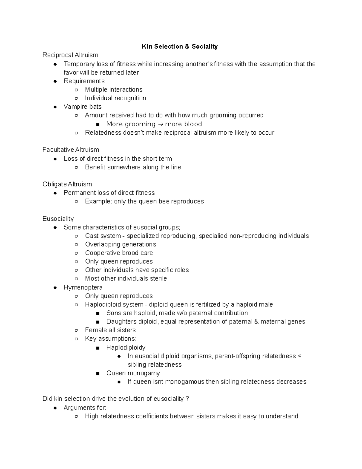 EEB 120 Kin Selection - Dr. Pang - Kin Selection & Sociality Reciprocal ...
