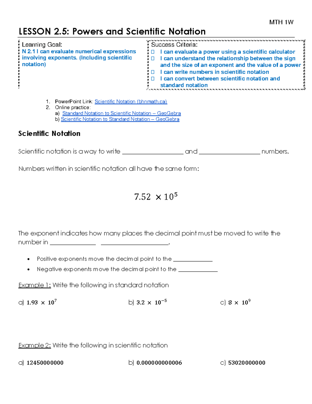 2.5 Scientific Notation - MTH 1W LESSON 2: Powers and Scientific ...