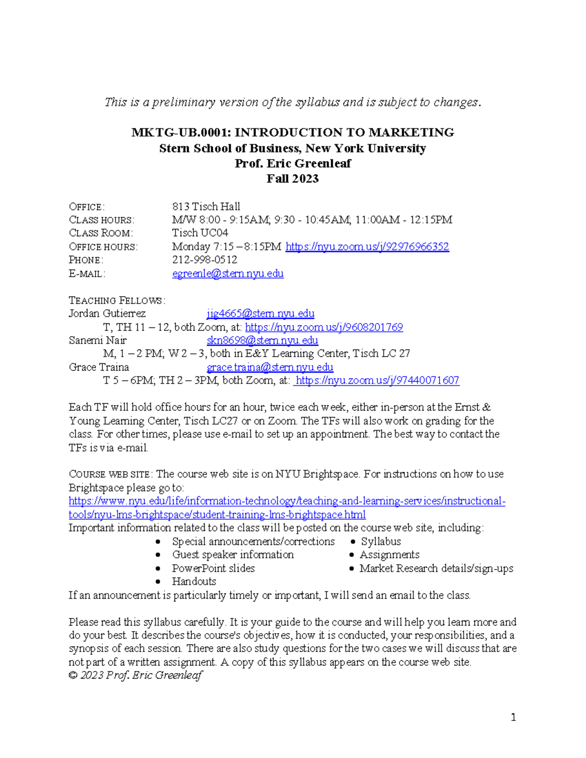 Syllabus Intro to Marketing Fall 2023 preliminary for posting on ...