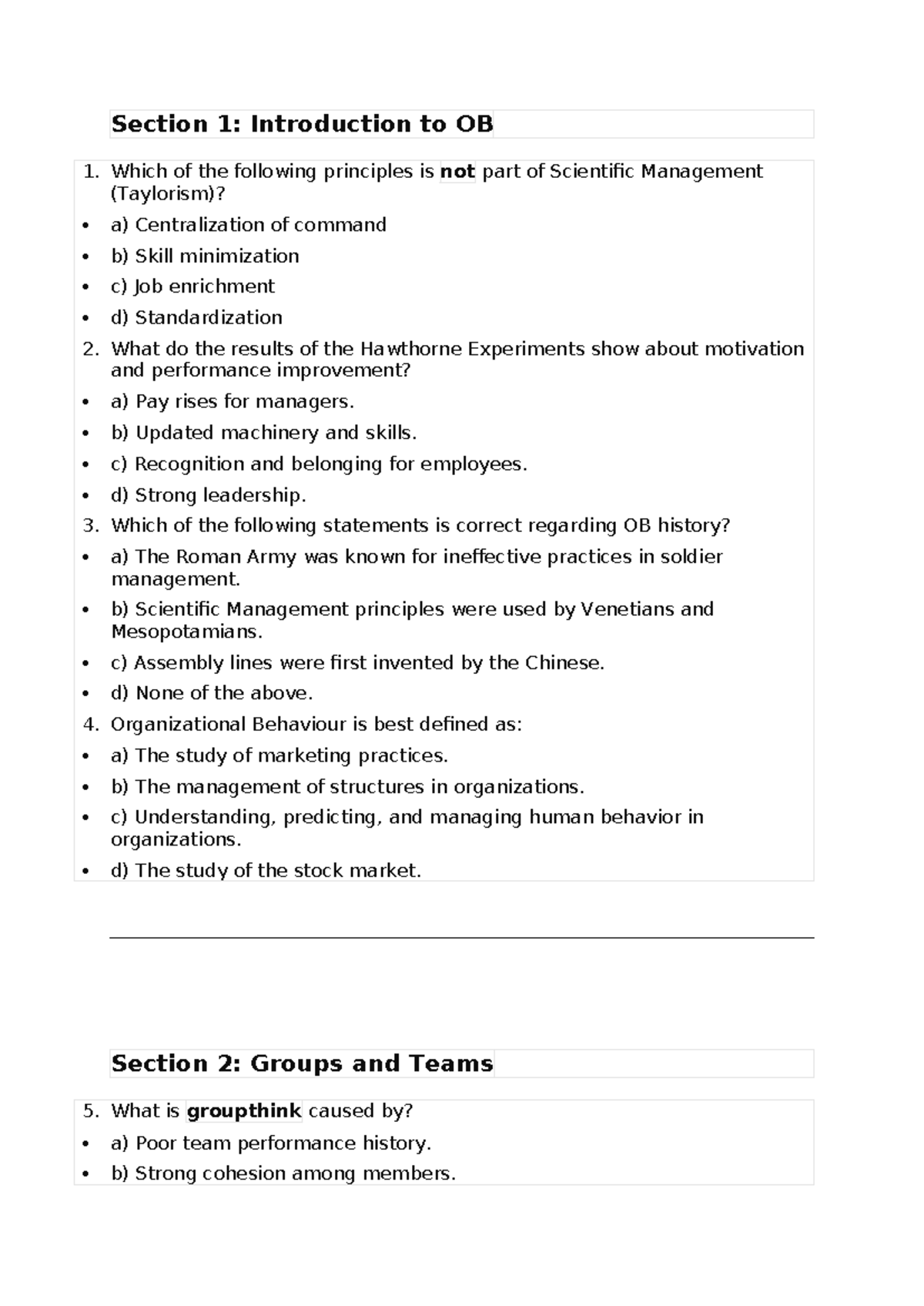 Quizz ob - Section 1: Introduction to OB 1. Which of the following principles is not part of ...