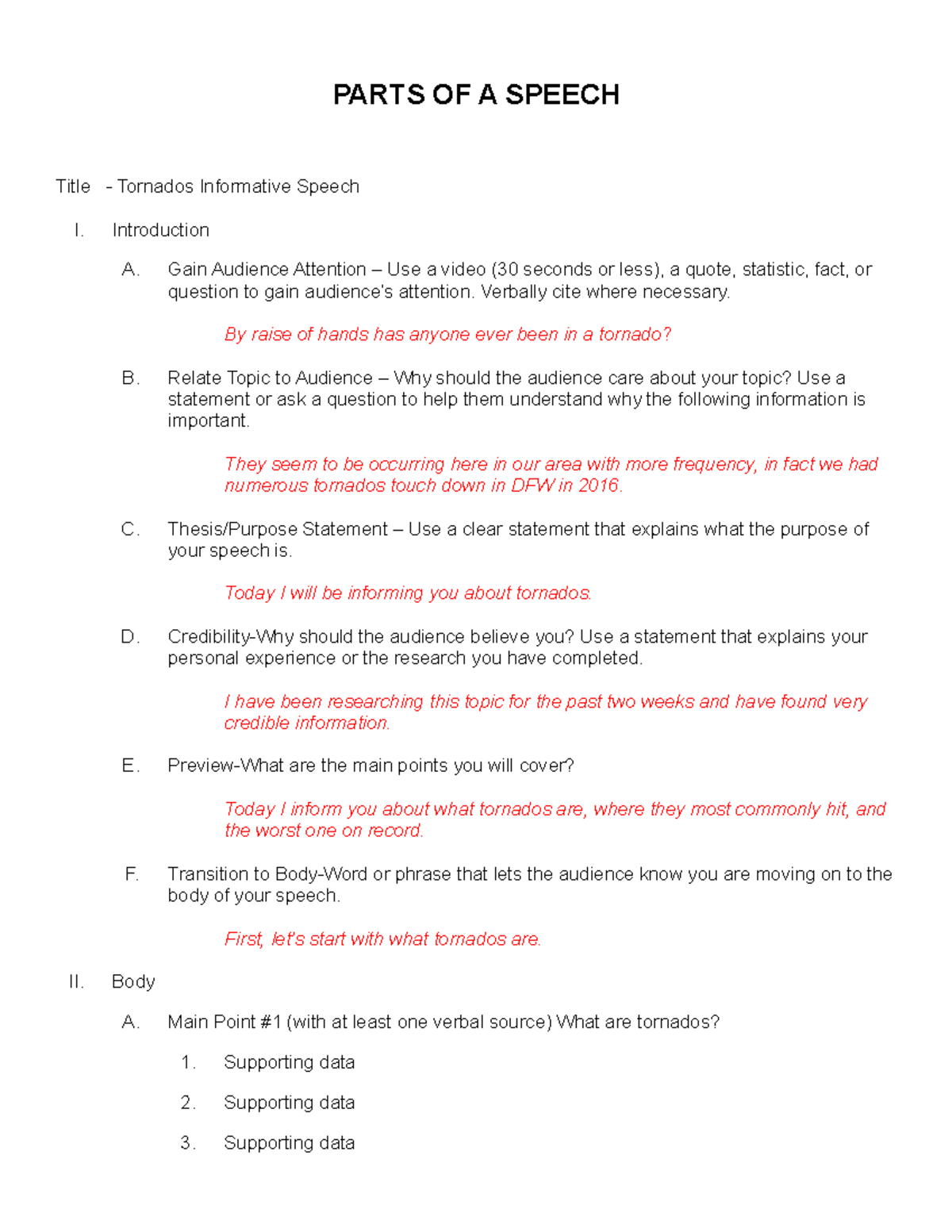 Parts of a Speech - sample info speech - PARTS OF A SPEECH Title ...