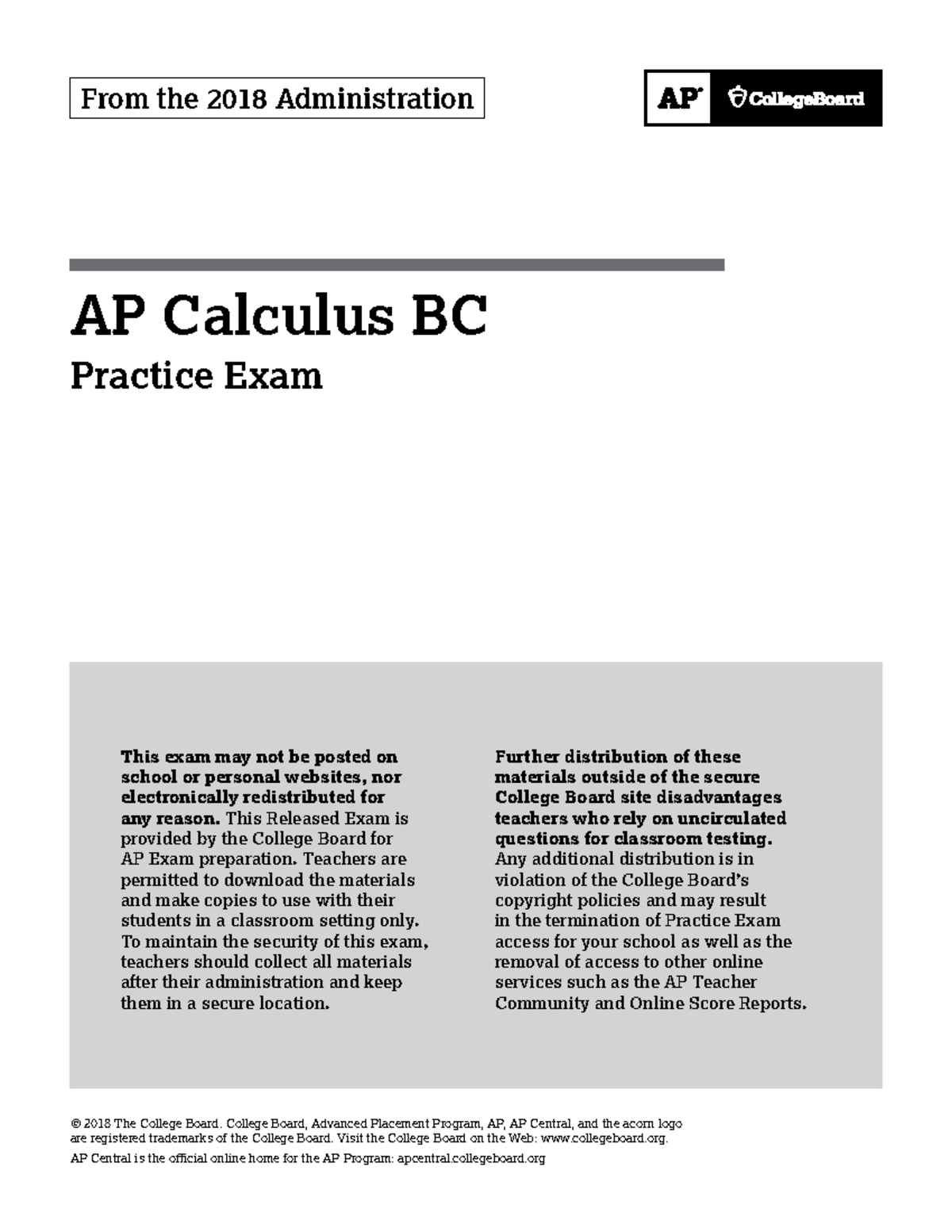 25810232 - AP calc BC - AP Calculus BC Practice Exam From the 2018 Administration This exam may ...