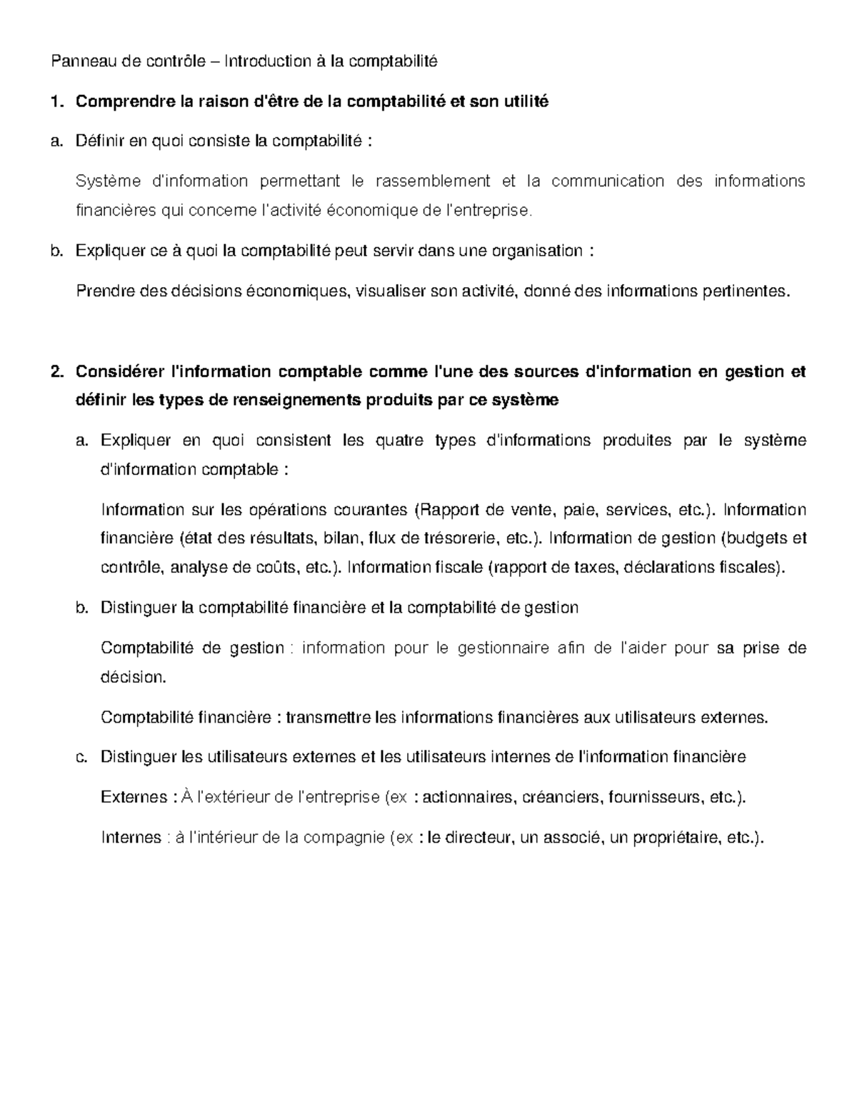 Comptabilité - Résumé chapitre 1 - Panneau de contrôle – Introduction à ...
