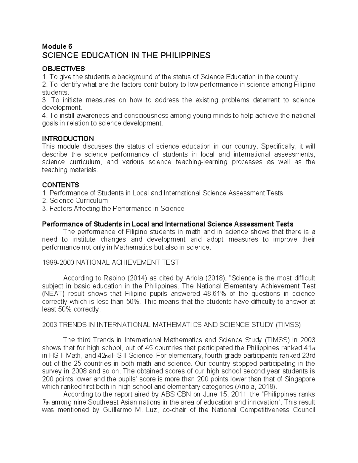 STS-Module-6 - Module 6 SCIENCE EDUCATION IN THE PHILIPPINES OBJECTIVES ...