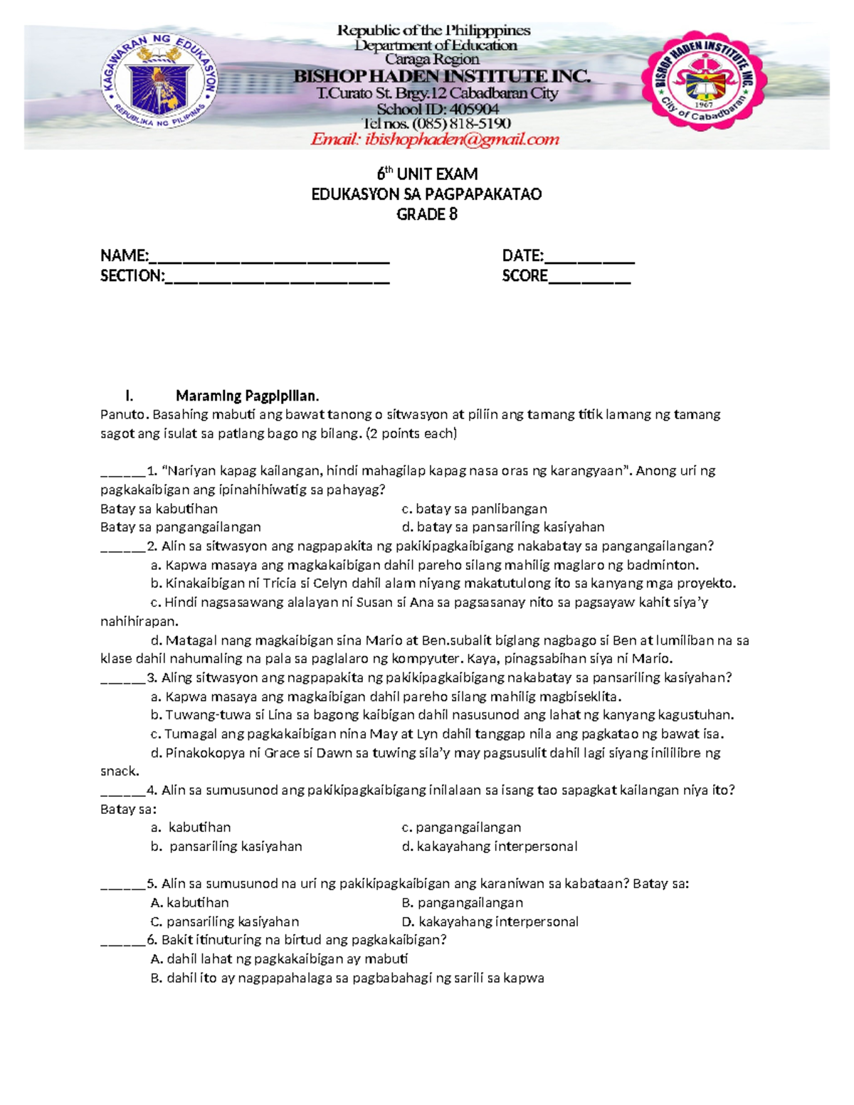 G8 Esp 5th unit exam - hello hoping to help this note - 6 th UNIT EXAM ...