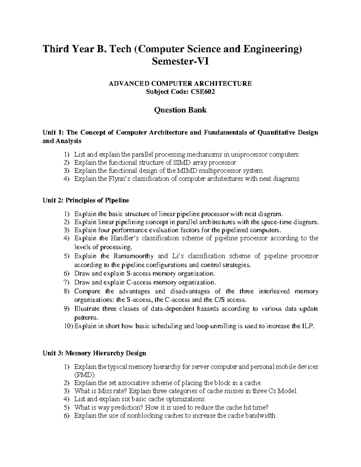 ACA Question Bank AY 2022-23 NEW - Third Year B. Tech (Computer Science and Engineering ...