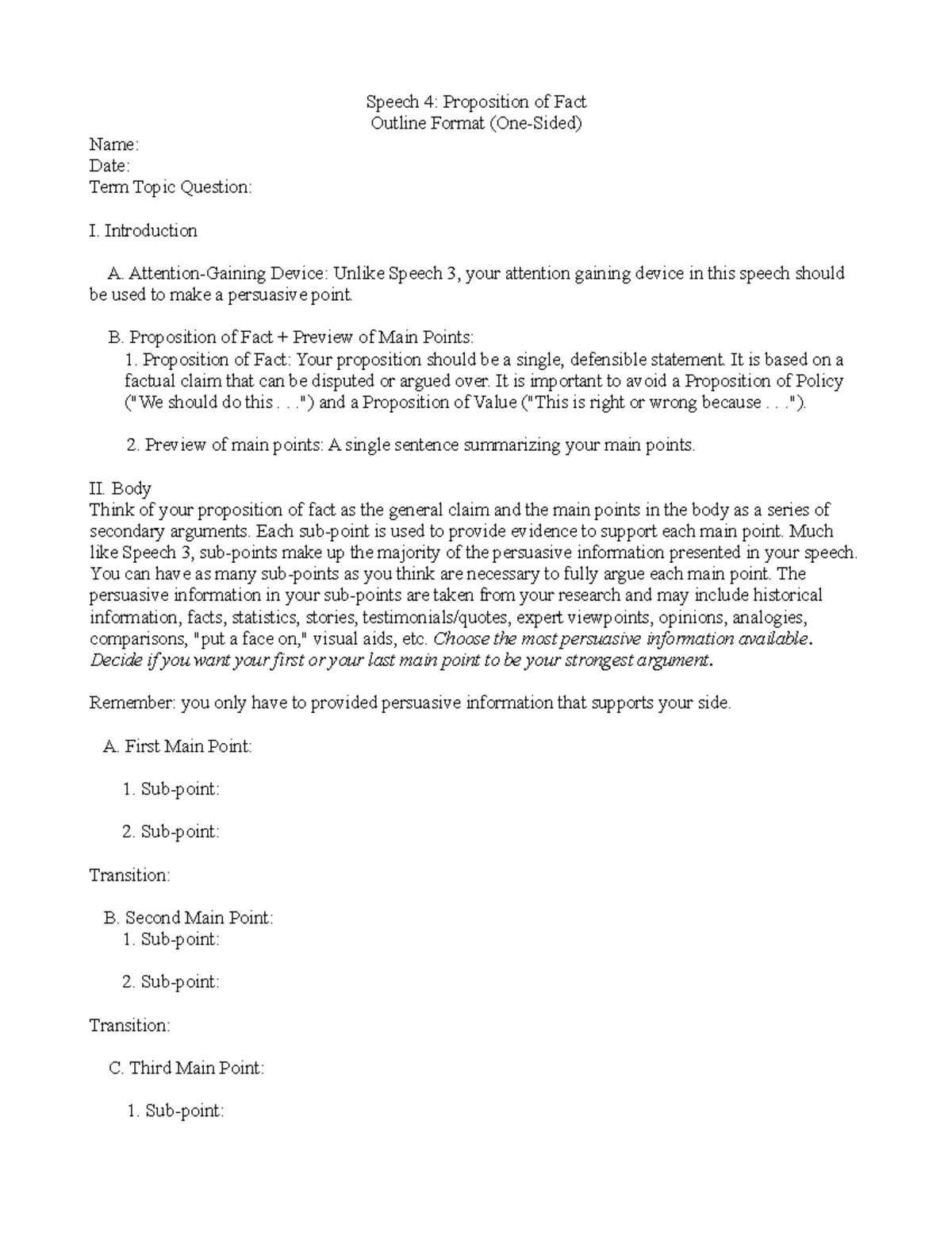 CSI 1111 S4 Proposition of Fact Outline Format (one-sided) - Speech 4 ...