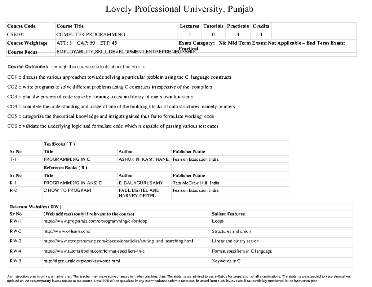 IP cse101 - Lovely Professional University, Punjab Course Code Course ...