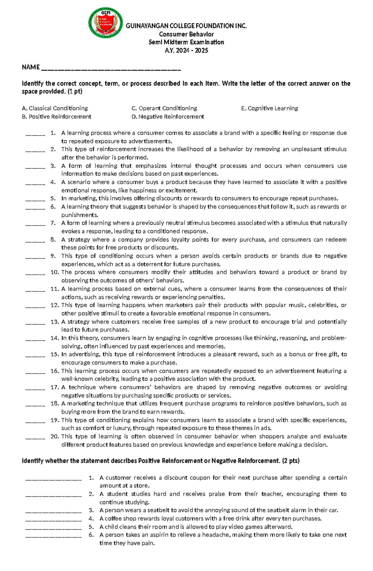 Consumer Behavior Semi Mid Exam - GUINAYANGAN COLLEGE FOUNDATION INC ...