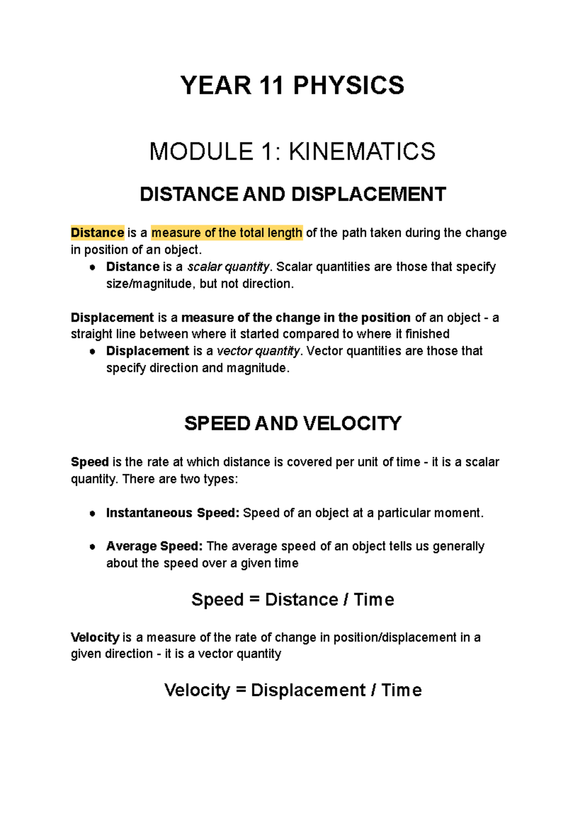 YR 11 Physics - ... - YEAR 11 PHYSICS MODULE 1: KINEMATICS DISTANCE AND ...