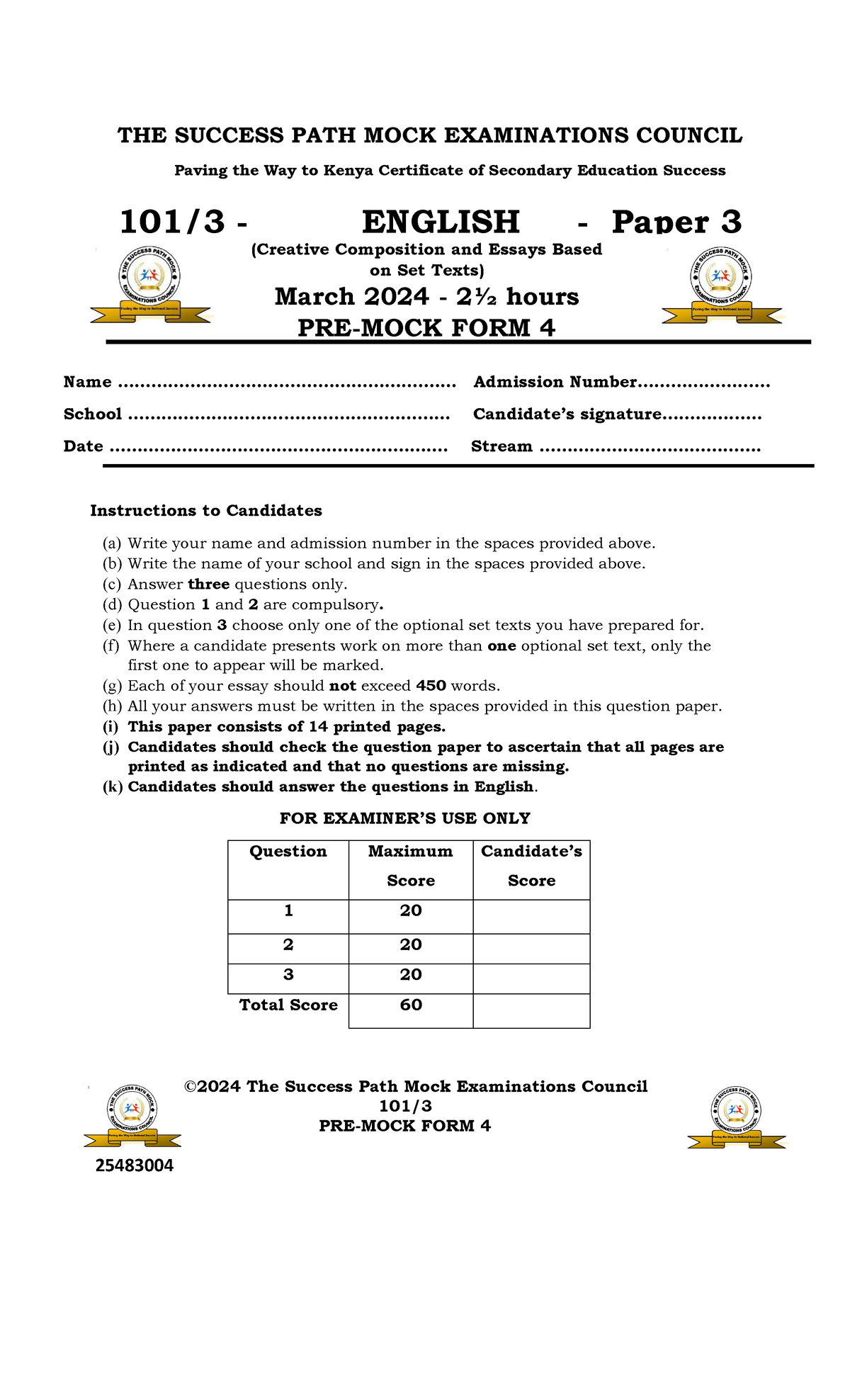 ENG PP3 QS PRE-MOCK 2024 - ©2024 The Success Path Mock Examinations ...