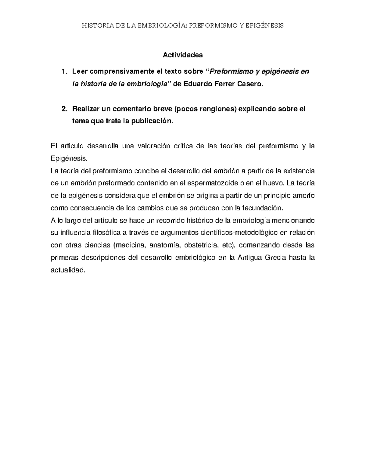 Historia de la embriologia - HISTORIA DE LA EMBRIOLOGÍA: PREFORMISMO Y ...