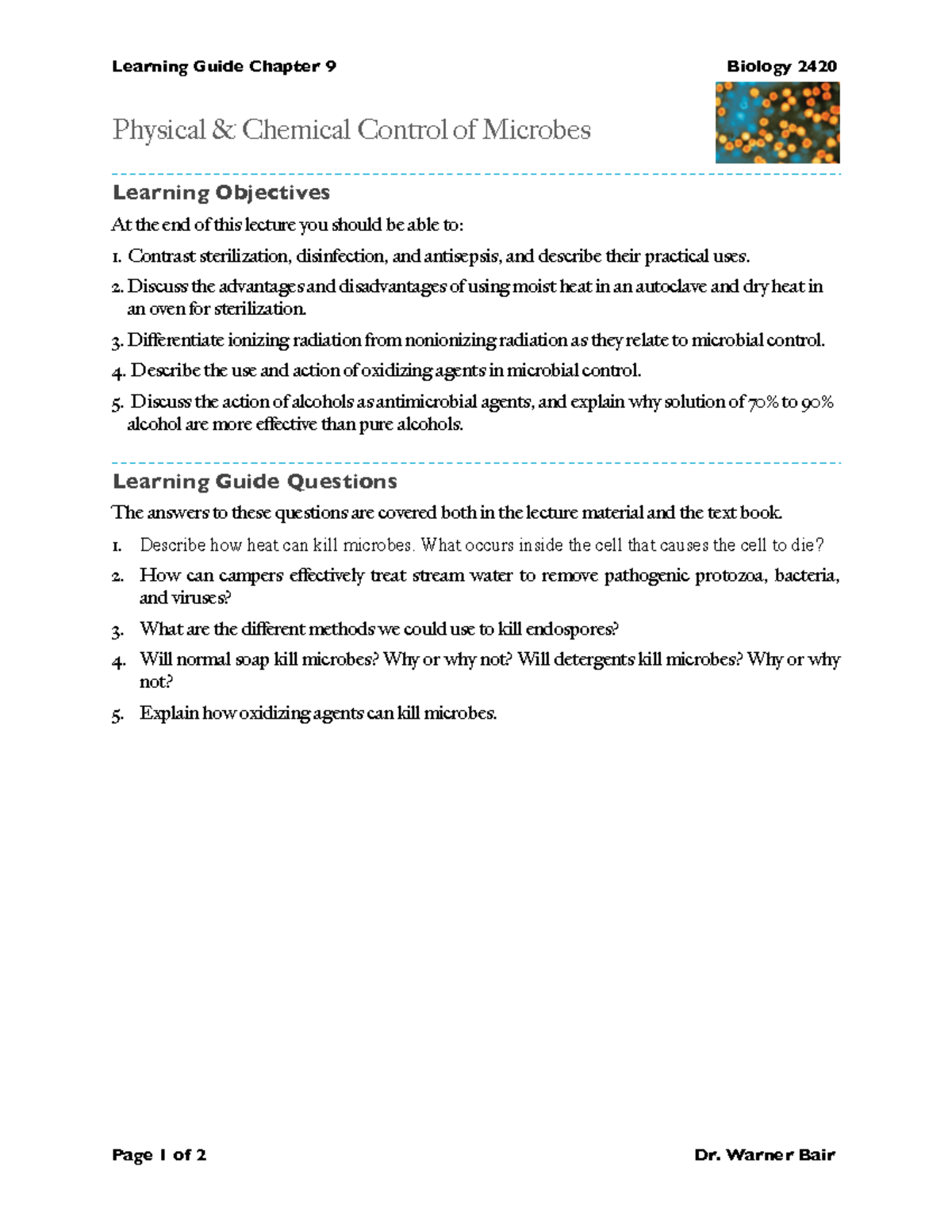 Biology 2420 Learning Guide Chapter 9: Microbial Control Concepts ...