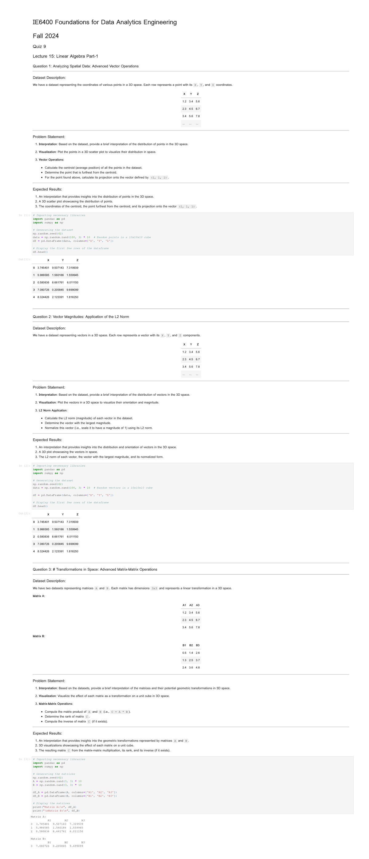 IE6400 Quiz9 Lecture 15 - IE6400 Foundations for Data Analytics Engineering Fall 2024 Quiz 9 ...