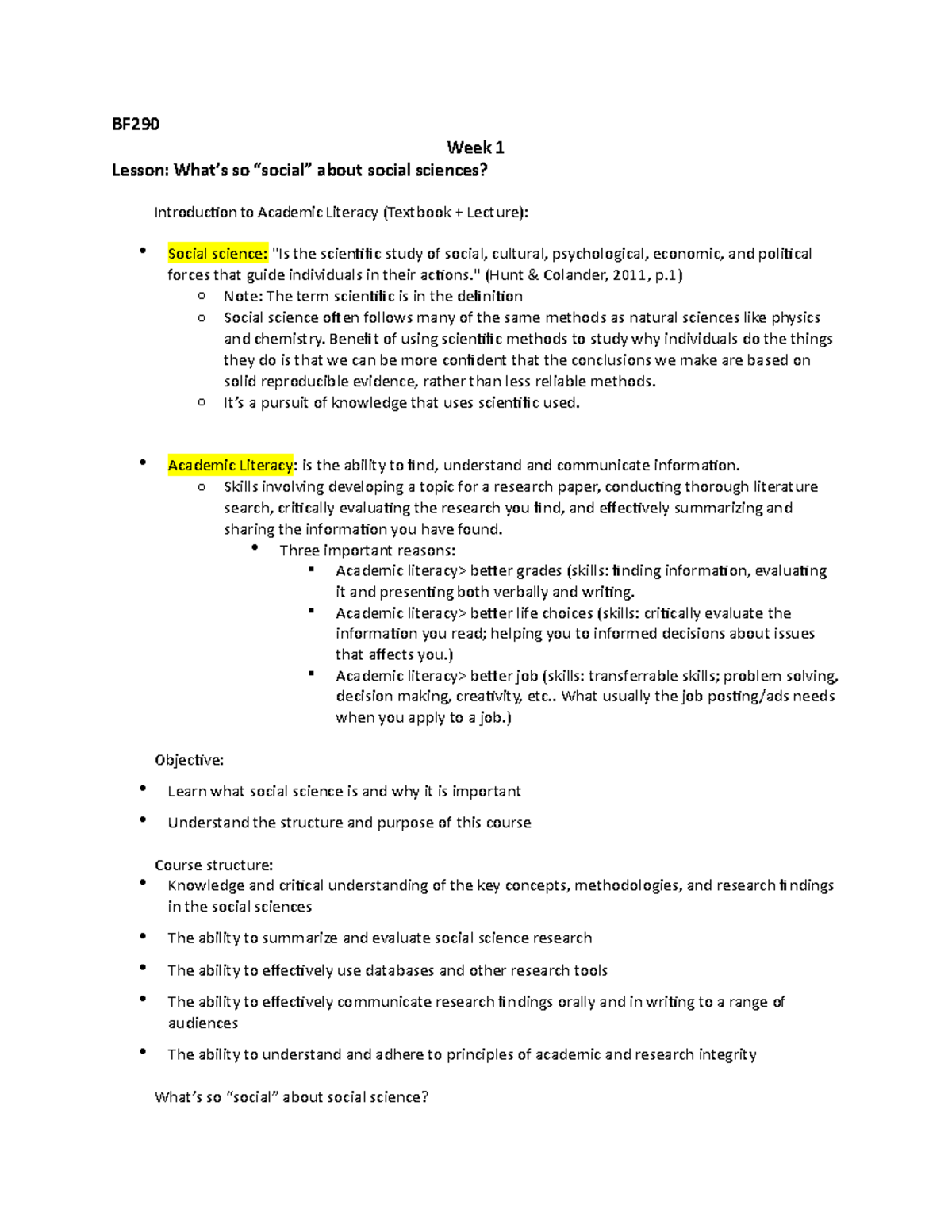 Week 1 Notes (intro abt course) - BF Week 1 Lesson: What’s so “social ...