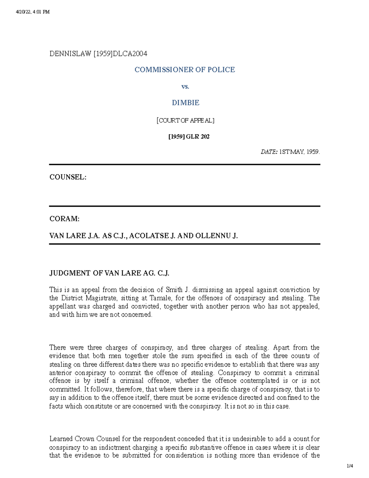 COP v Dimbie - Cases for Criminal Law - DENNISLAW [1959]DLCA ...