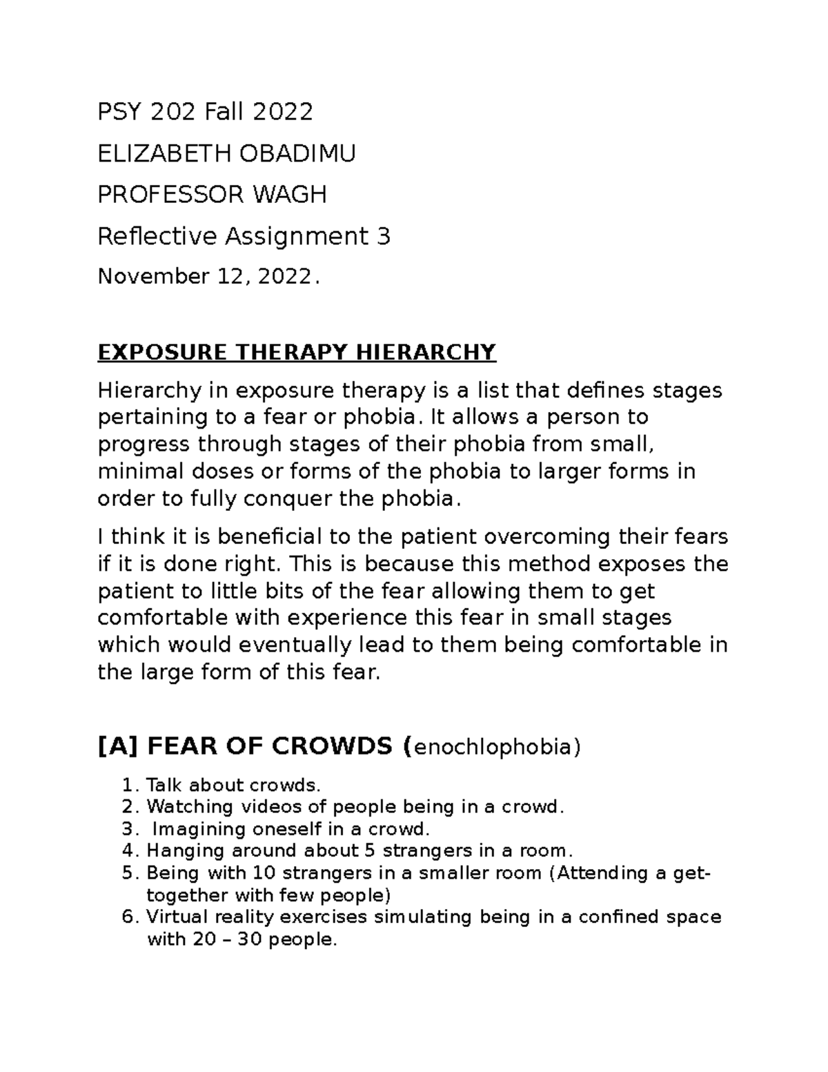 Reflective Writing 3 - This document contains notes on Exposure Therapy ...