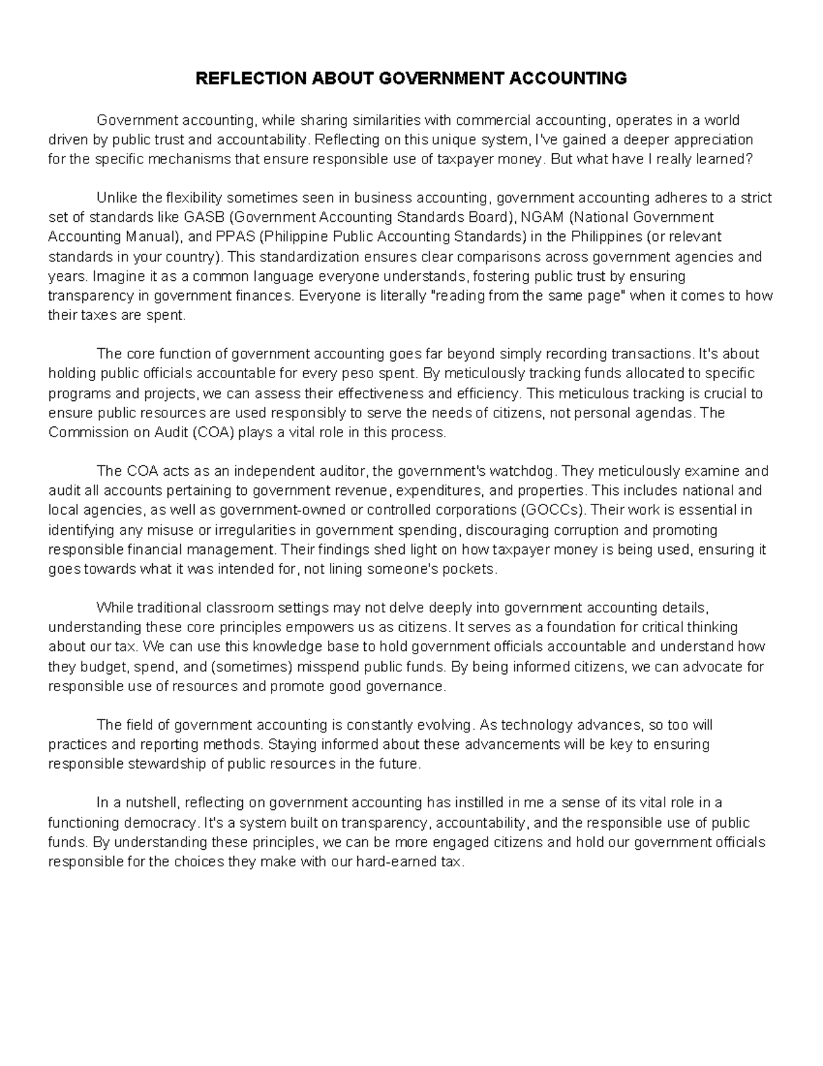 Reflection - REFLECTION ABOUT GOVERNMENT ACCOUNTING Government ...
