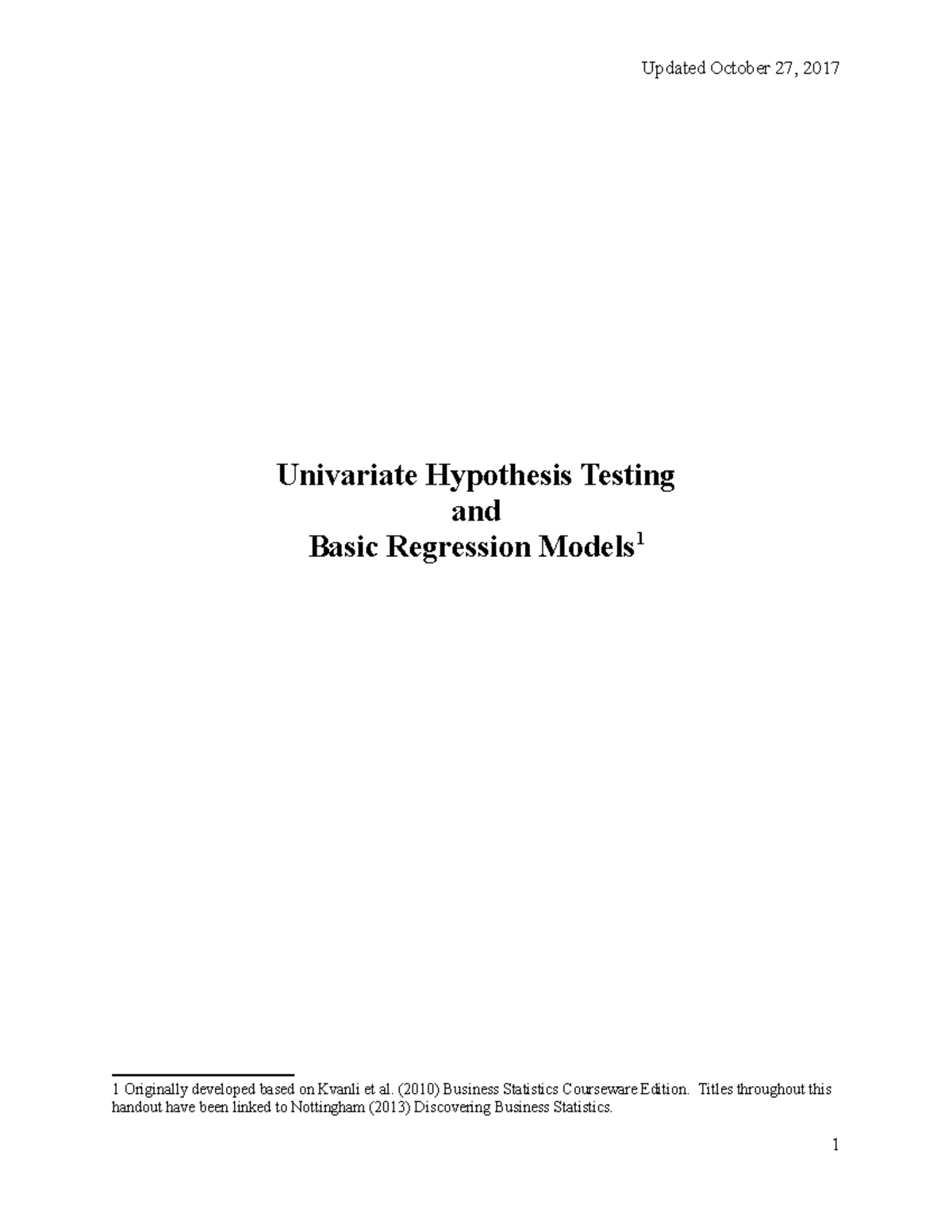 Hypothesis Tests Handout (10 Steps) - Univariate Hypothesis Testing and ...