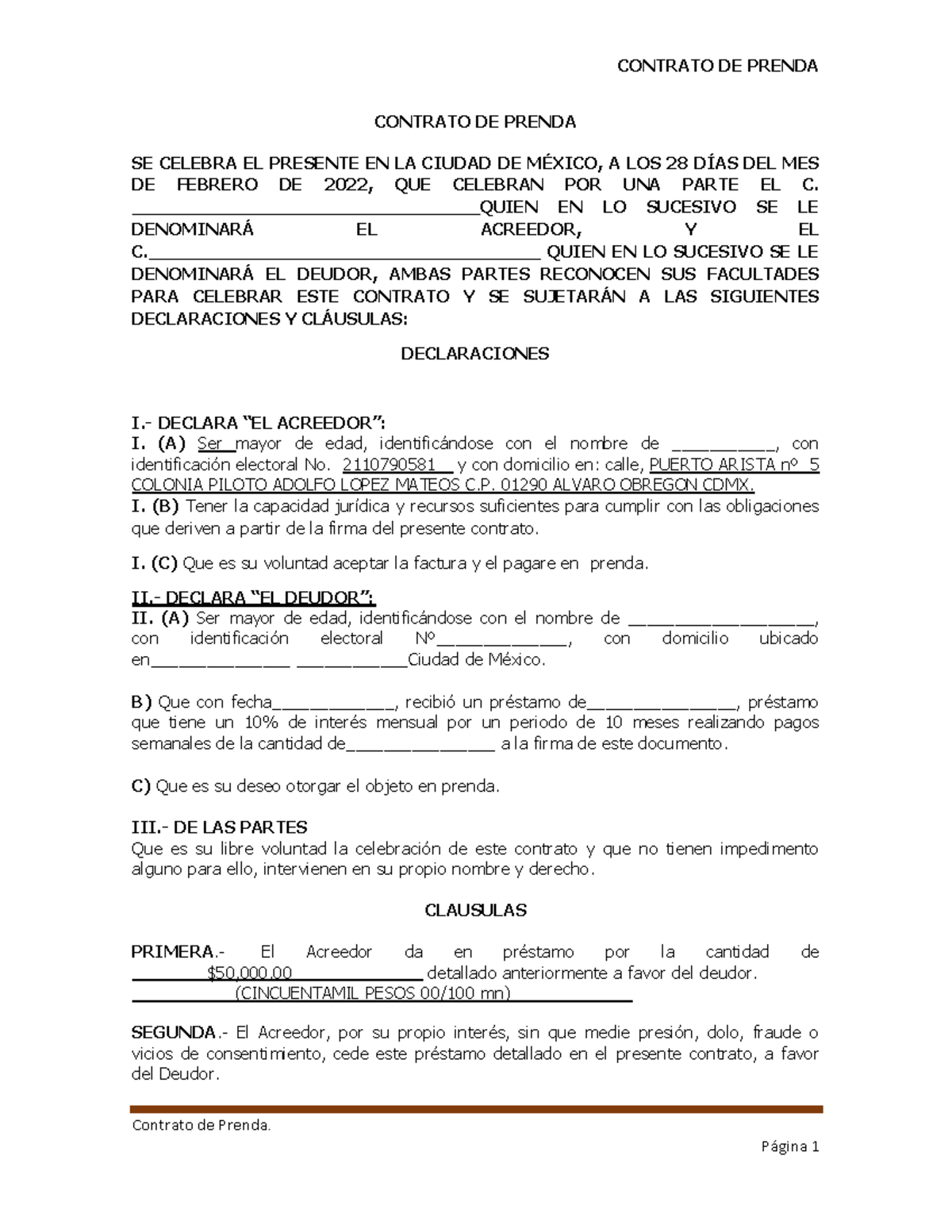 Contrato DE Prenda - CONTRATO DE PRENDA Contrato de Prenda. P·gina 1 ...
