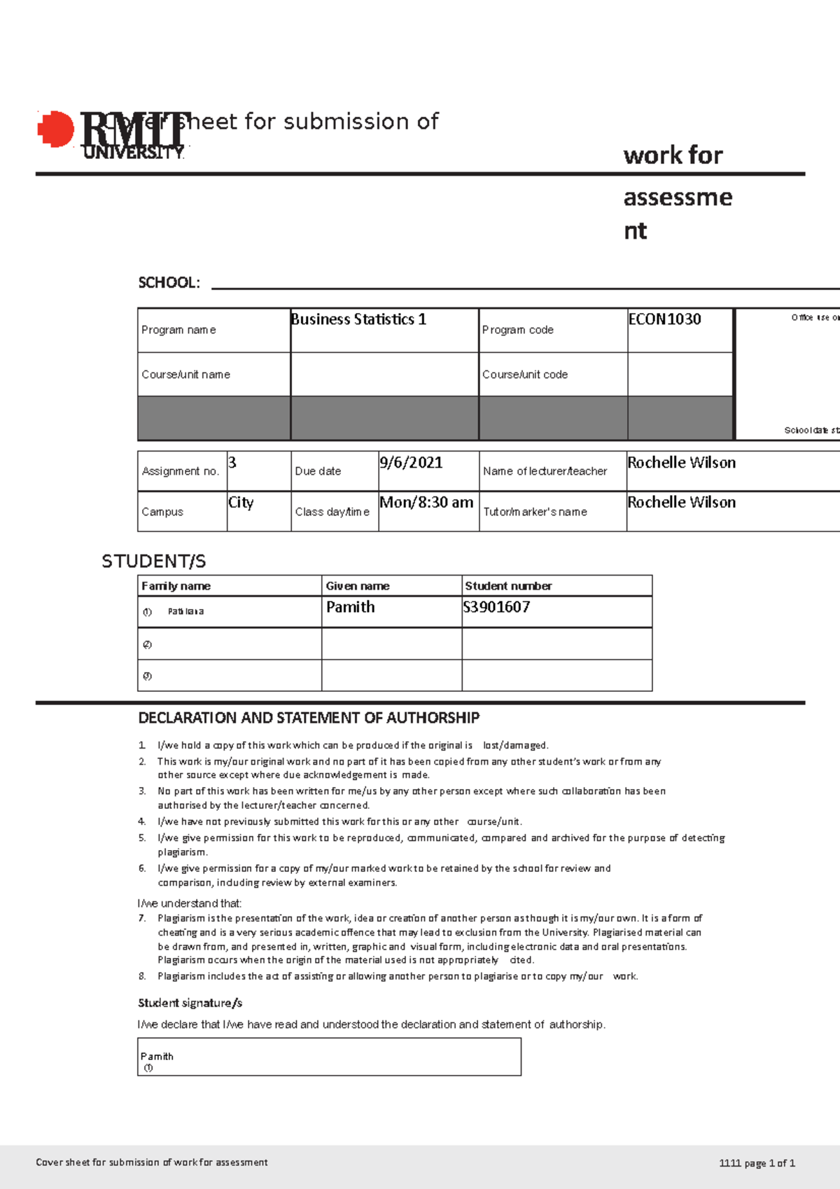 Business Statistics Individual Assignment - Cover sheet for submission ...