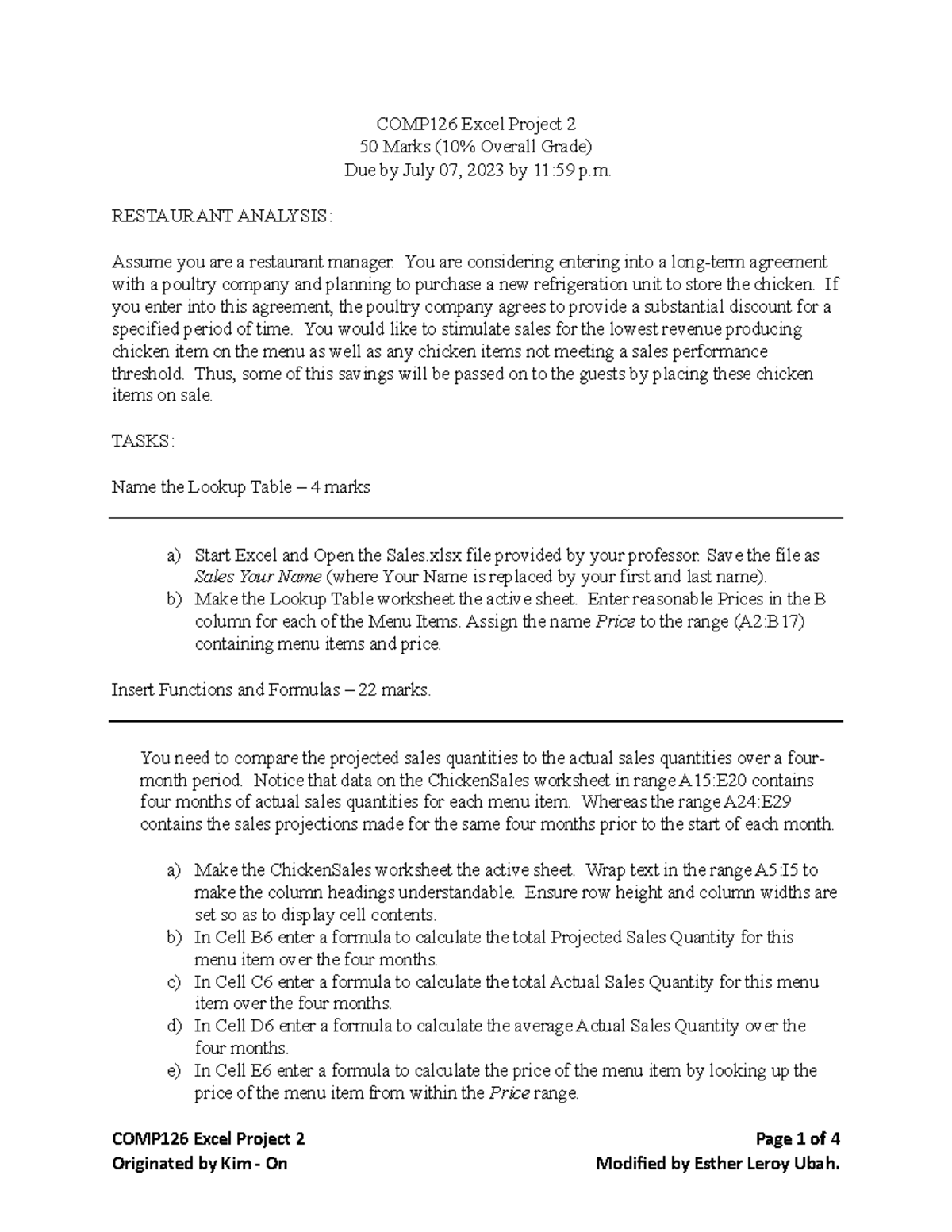 Excel Project 2 Instructions - COMP126 Excel Project 2 Page 1 of 4 ...