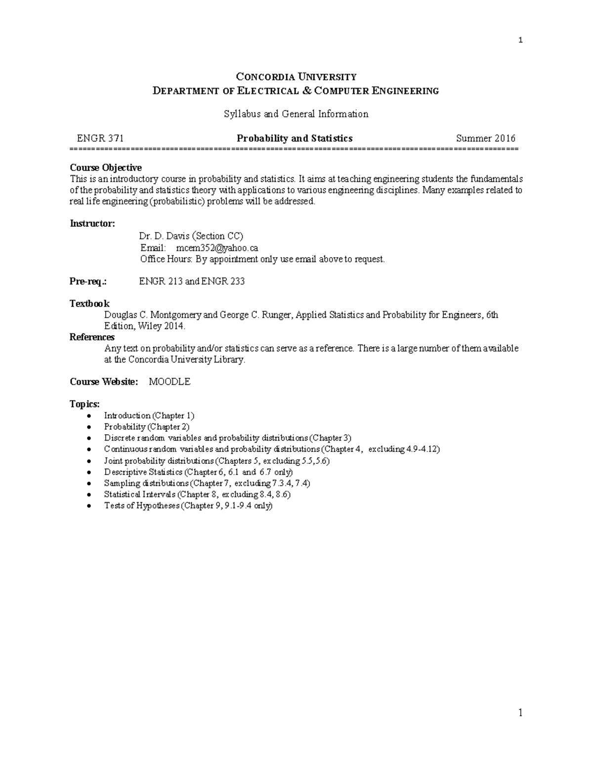 ENGR 371 Outline S16 - CONCORDIA UNIVERSITY DEPARTMENT OF ELECTRICAL ...