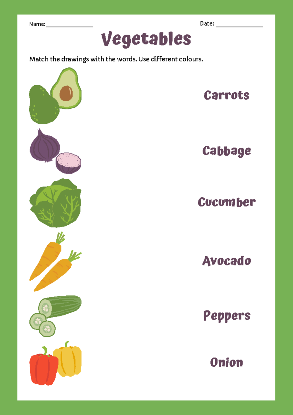 Multicolour simple illustrated vegetables matching printable worksheets ...