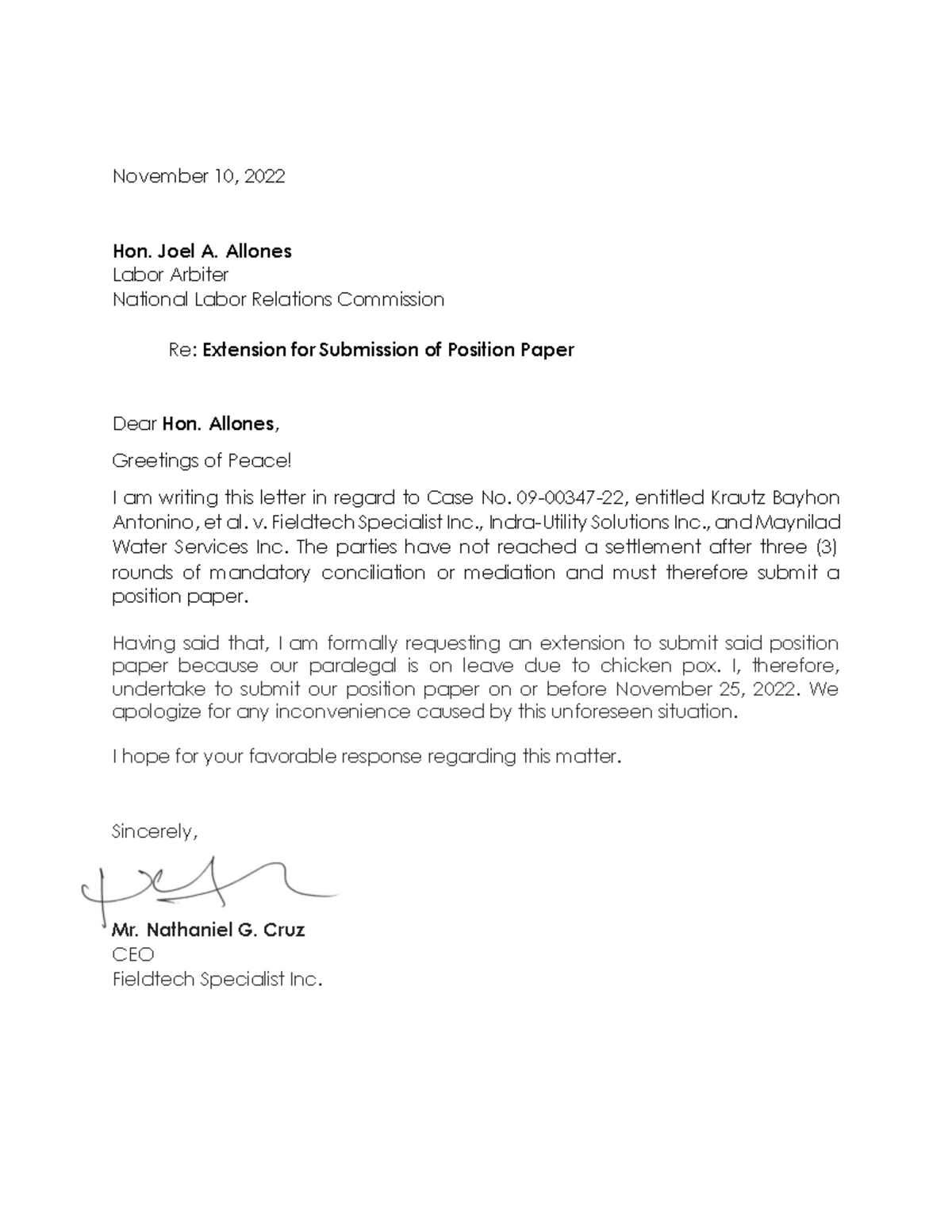 Extension Request - LETTER - November 10, 2022 Hon. Joel A. Allones ...