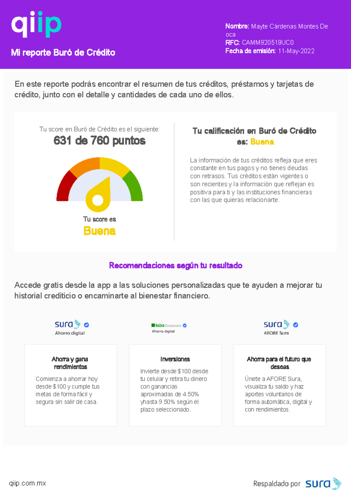 Reporte-qiip 11-05-2022 - oca RFC: CAMM920519UC Mi reporte Buró de ...