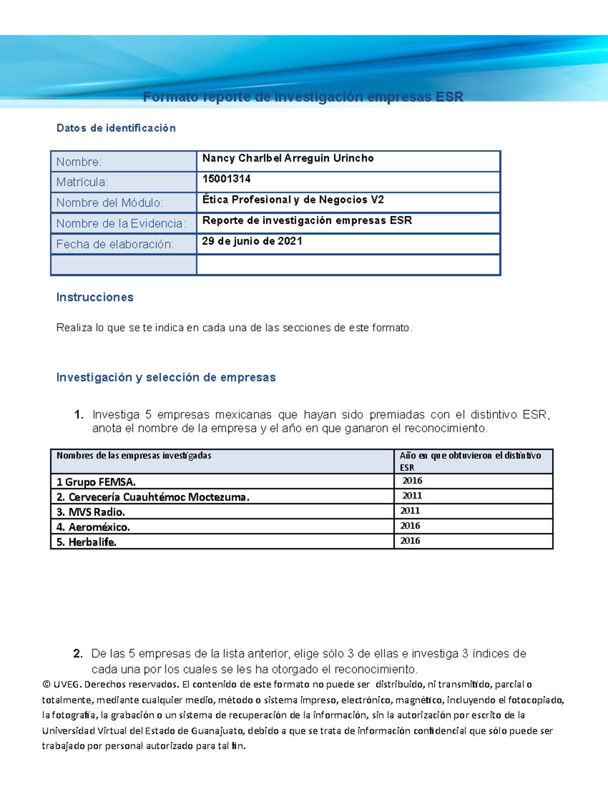 Reporte Investigacion ESR Nancy Arreguin - Formato reporte de ...
