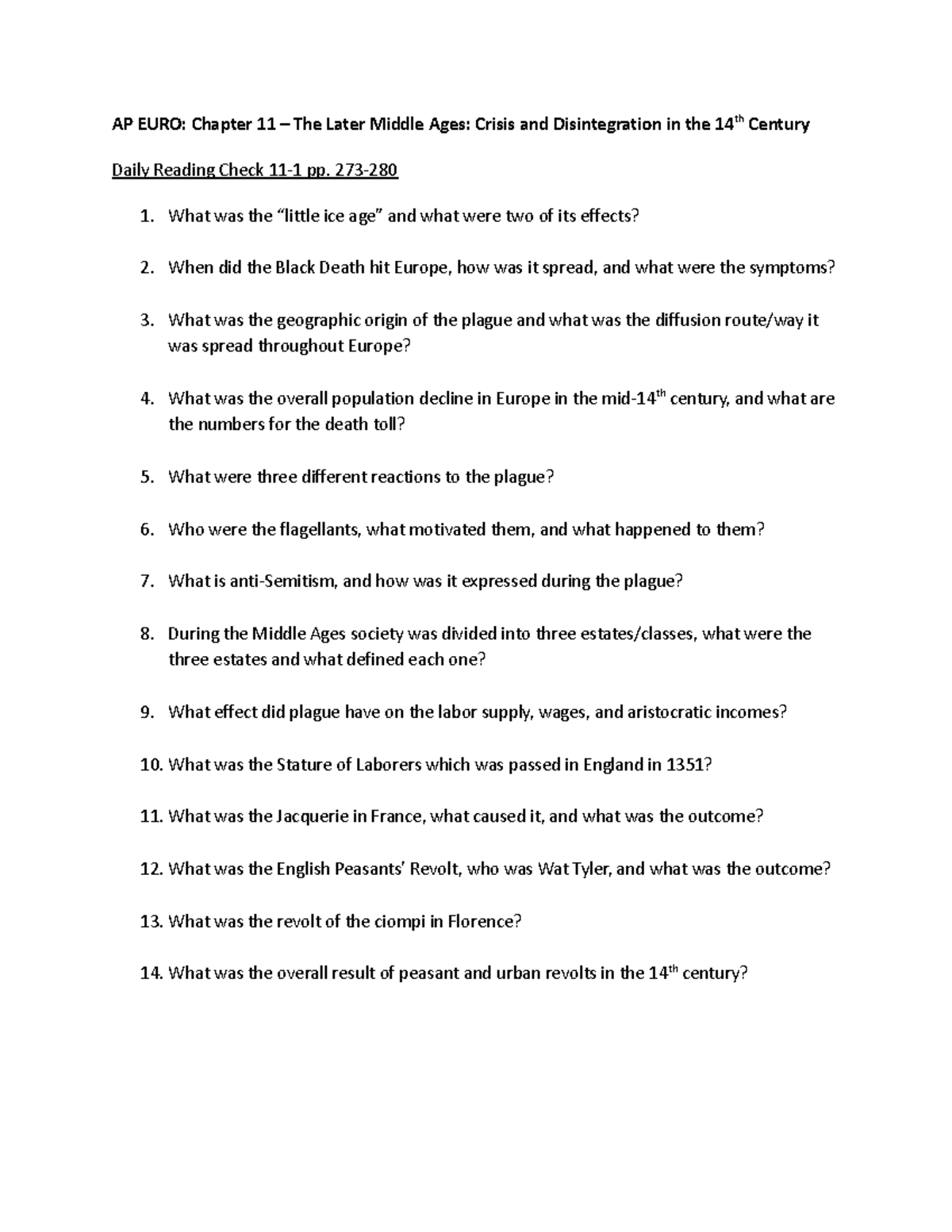 APEuro-Daily Reading Check 11-1pp.273-280 - AP EURO: Chapter 11 – The ...