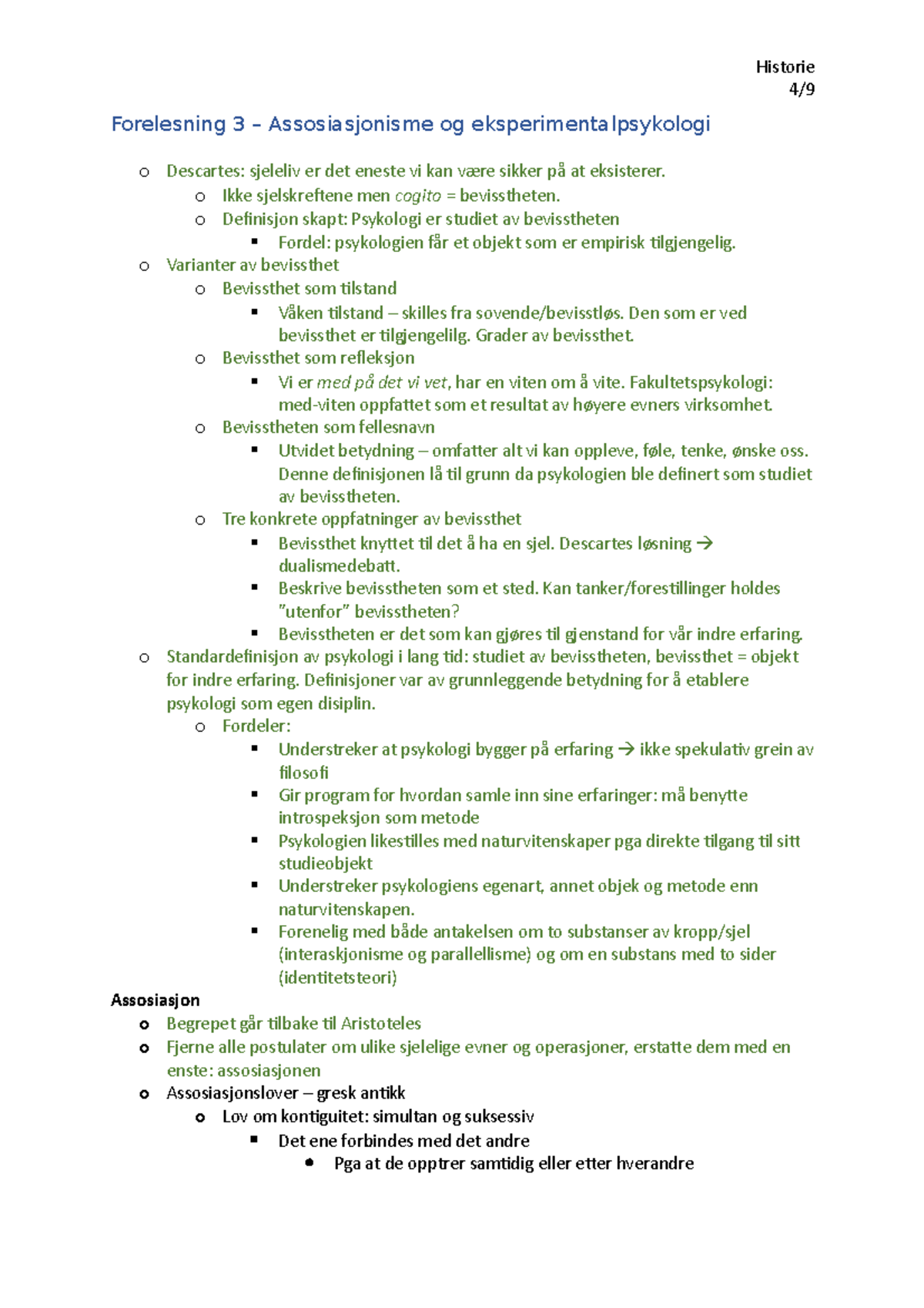 Forelesning 3 – Assosiasjonisme og eksperimentalpsykologi - Historie 4/9 Forelesning 3 – - Studocu