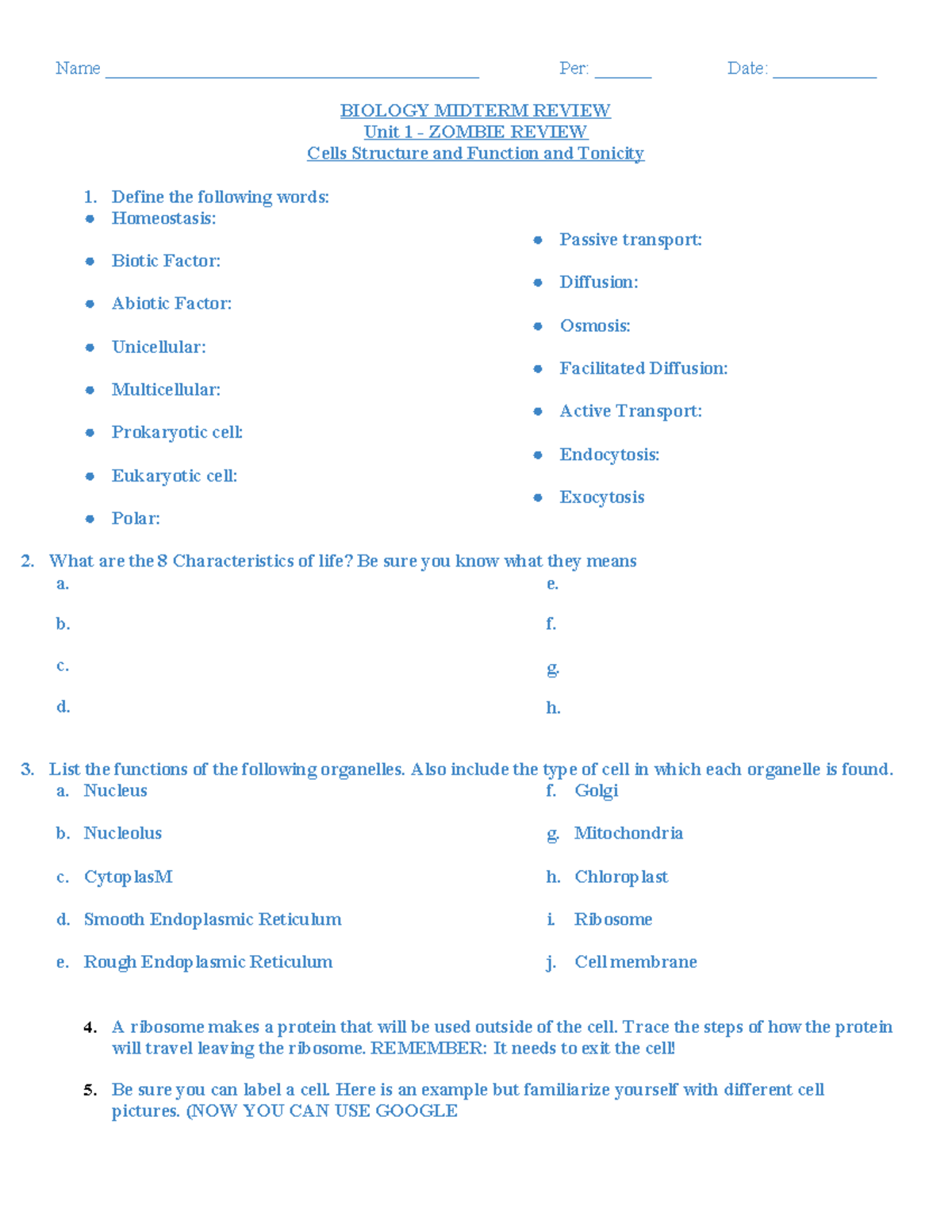 2023 Biology Miterm Review ( All Sections) - Name