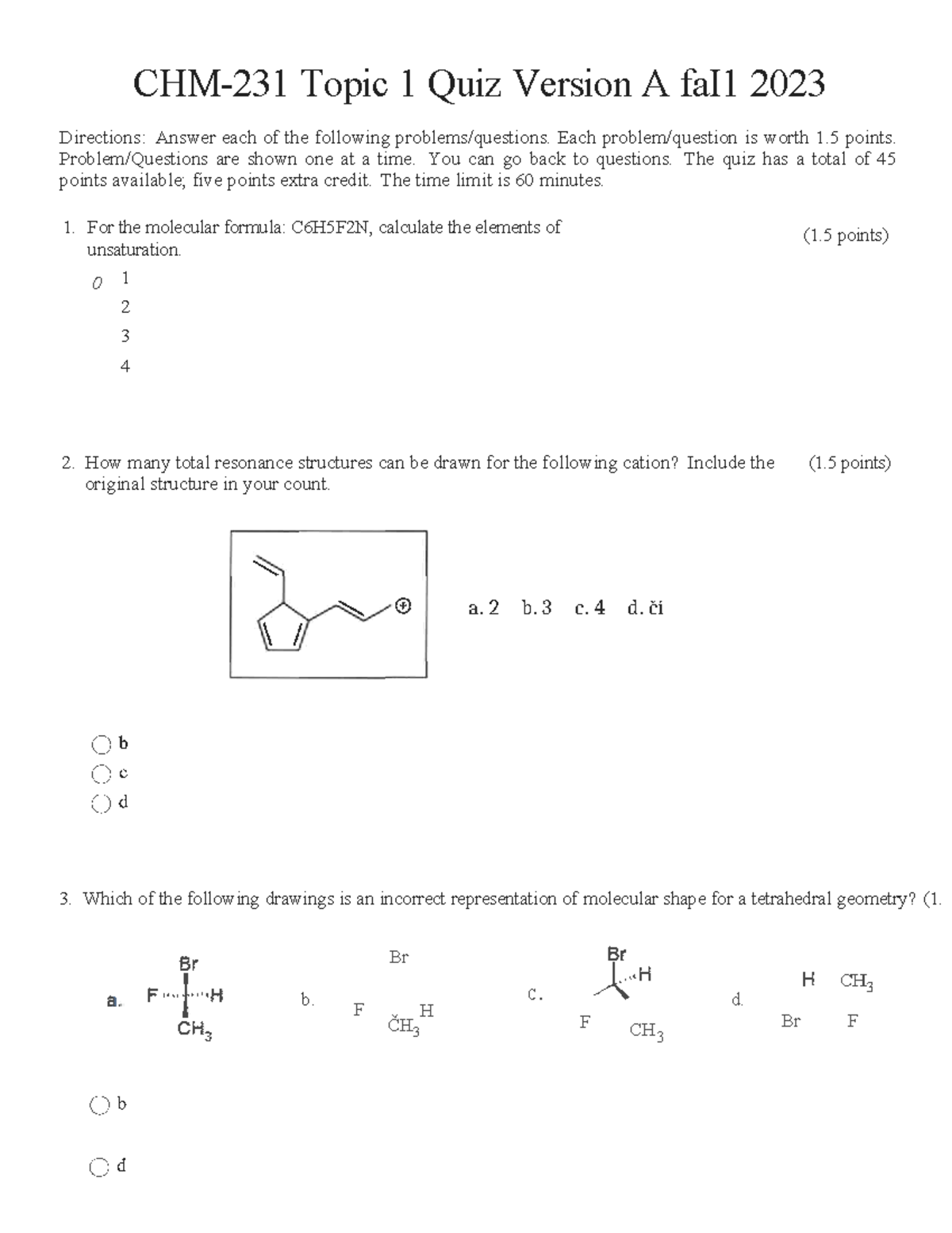 Old Topic Quiz fall 2024-converted - CHM-231 Topic 1 Quiz Version A ...