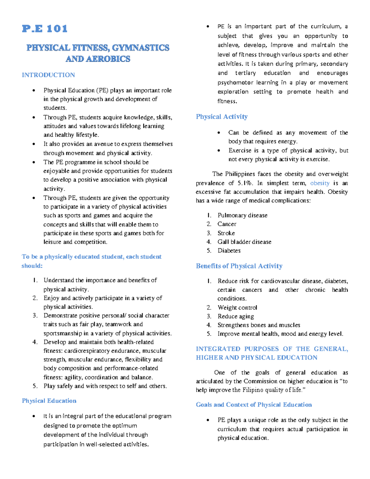 1.1 PE - for review - P 101 INTRODUCTION Physical Education (PE) plays an important role in the ...