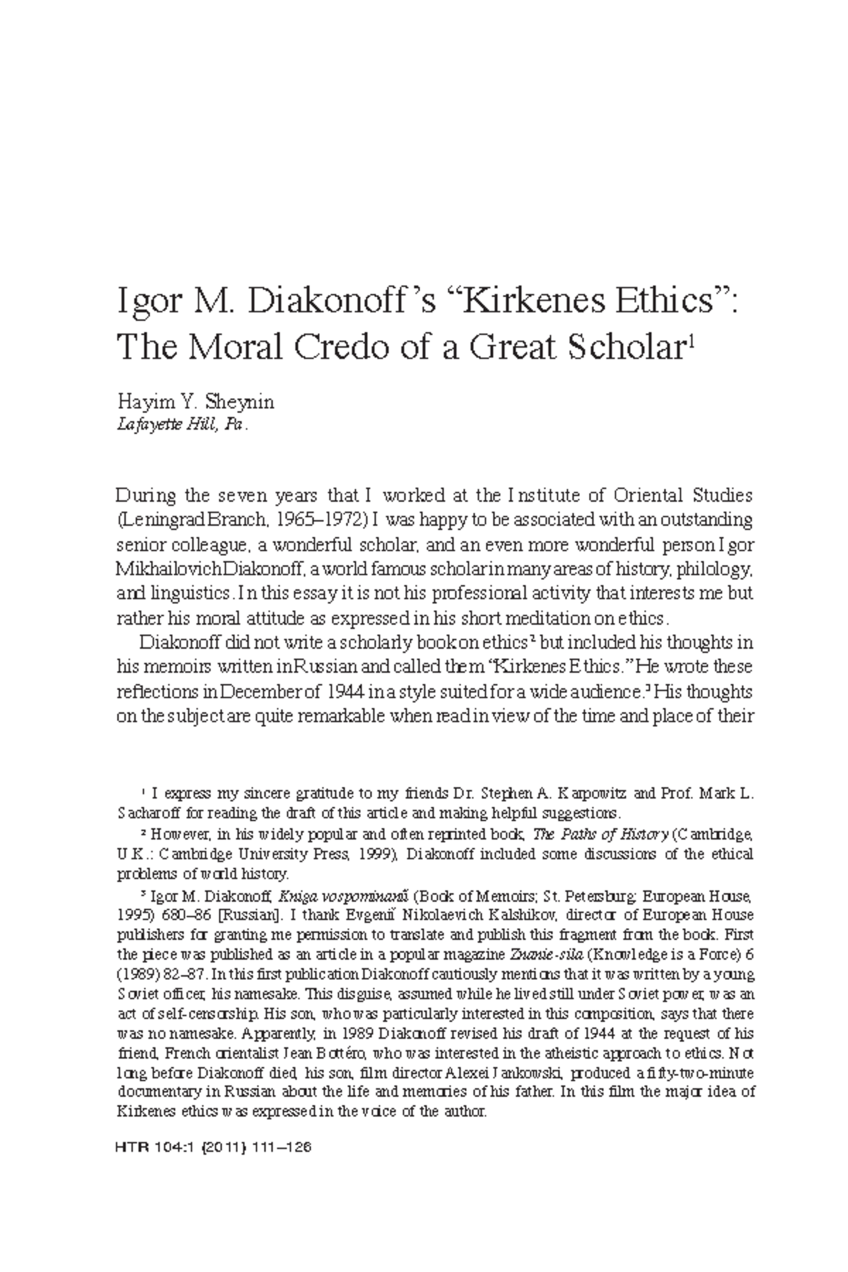 Igor M Diakonoffs Kirkenes Ethics The Mo - HTR 104:1 (2011) 111– Igor M ...