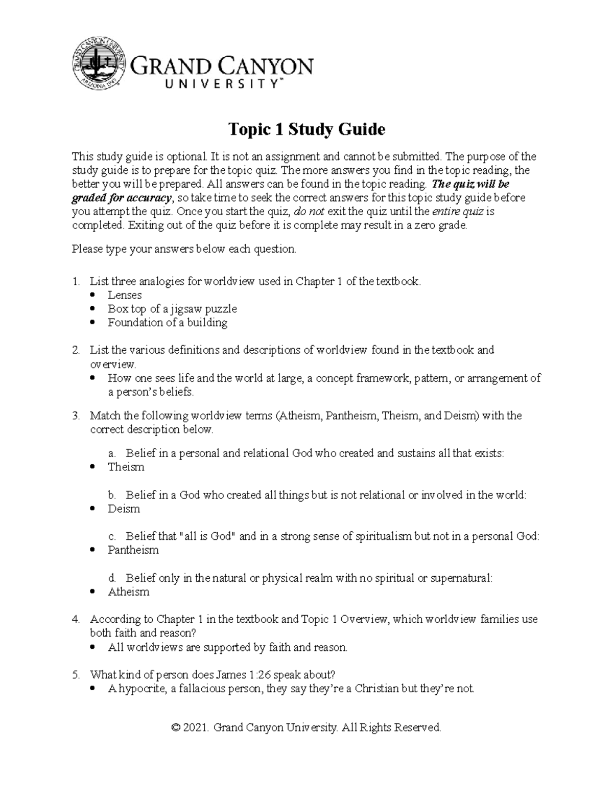 Study Guide 1 - Topic 1 Study Guide This study guide is optional. It is ...