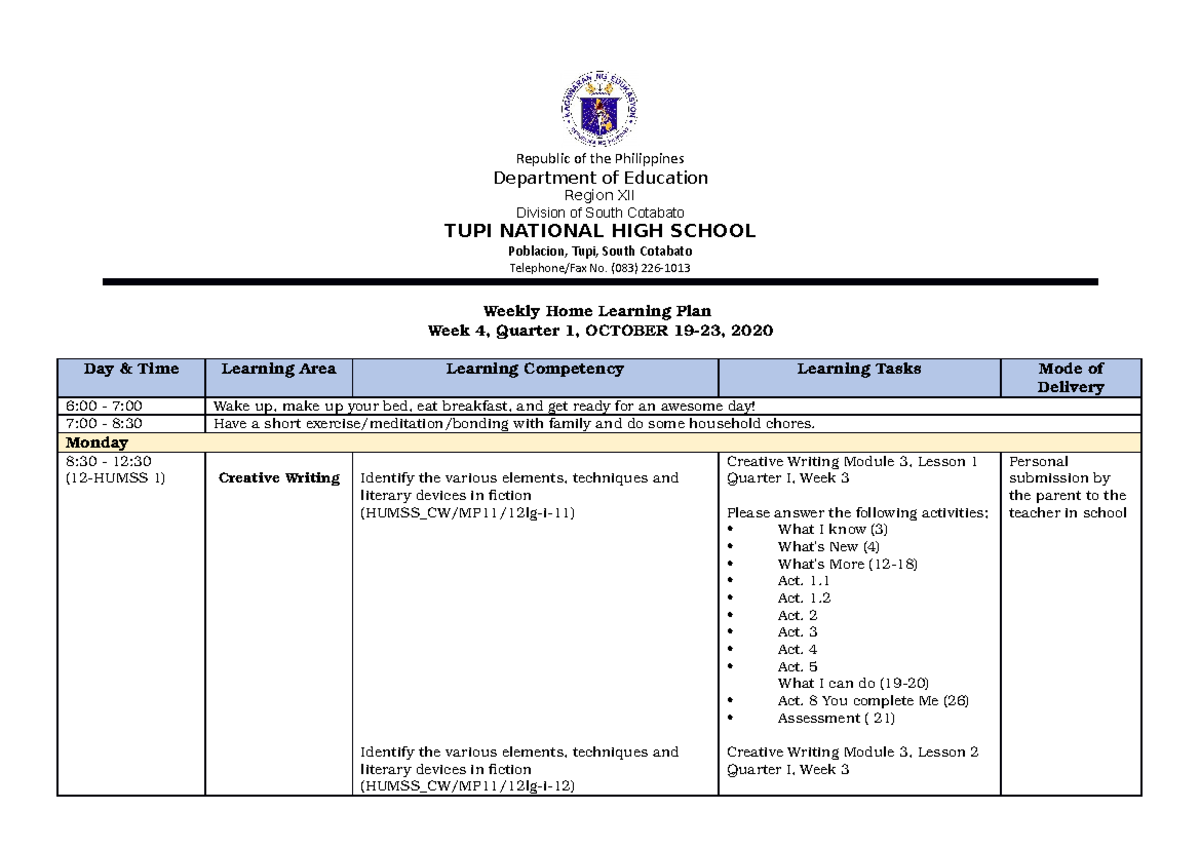 Weekly Home Learning Plan (English)Week 4 - Republic of the Philippines ...