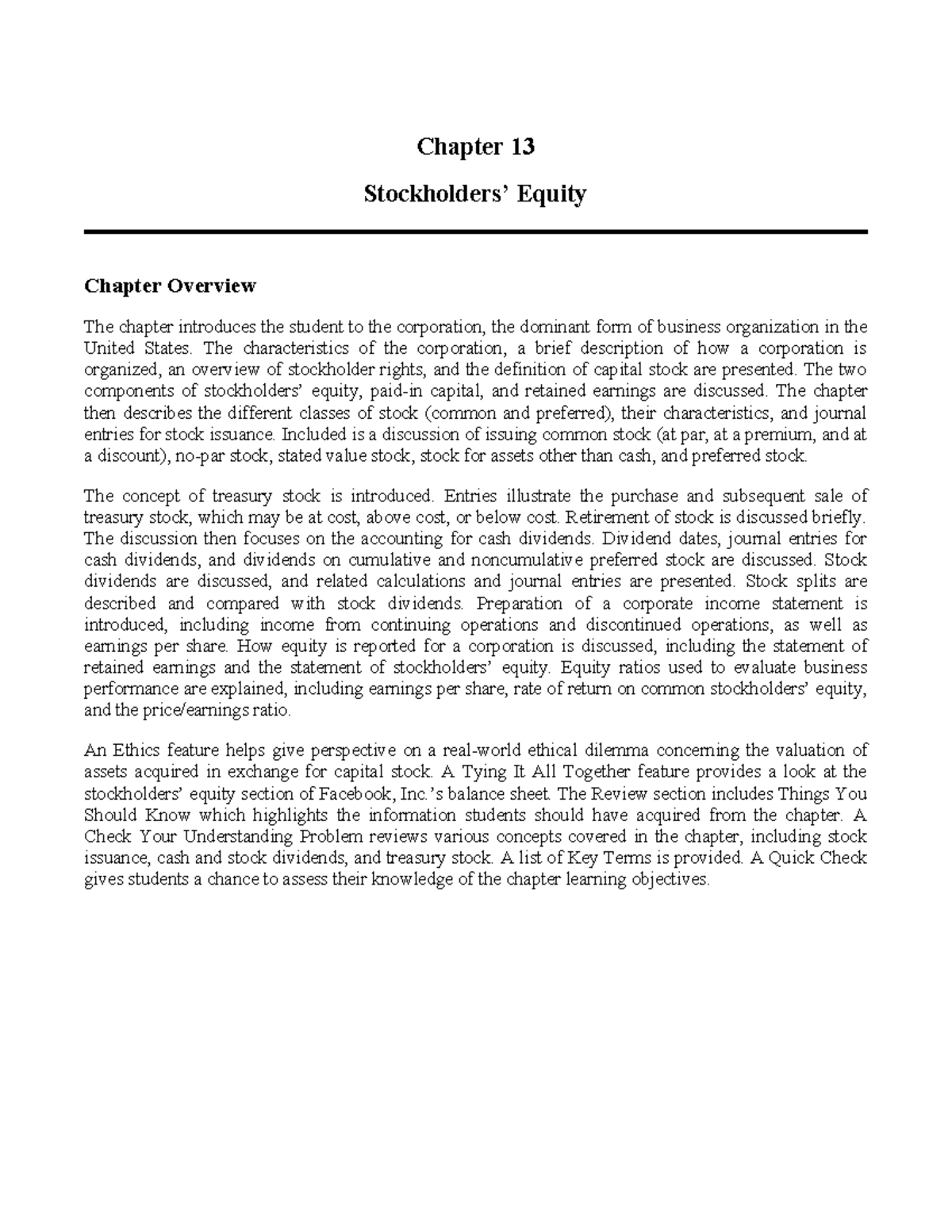 Horngren fin-mgr6 irm 13 - Chapter 13 Stockholders’ Equity Chapter Overview The chapter ...