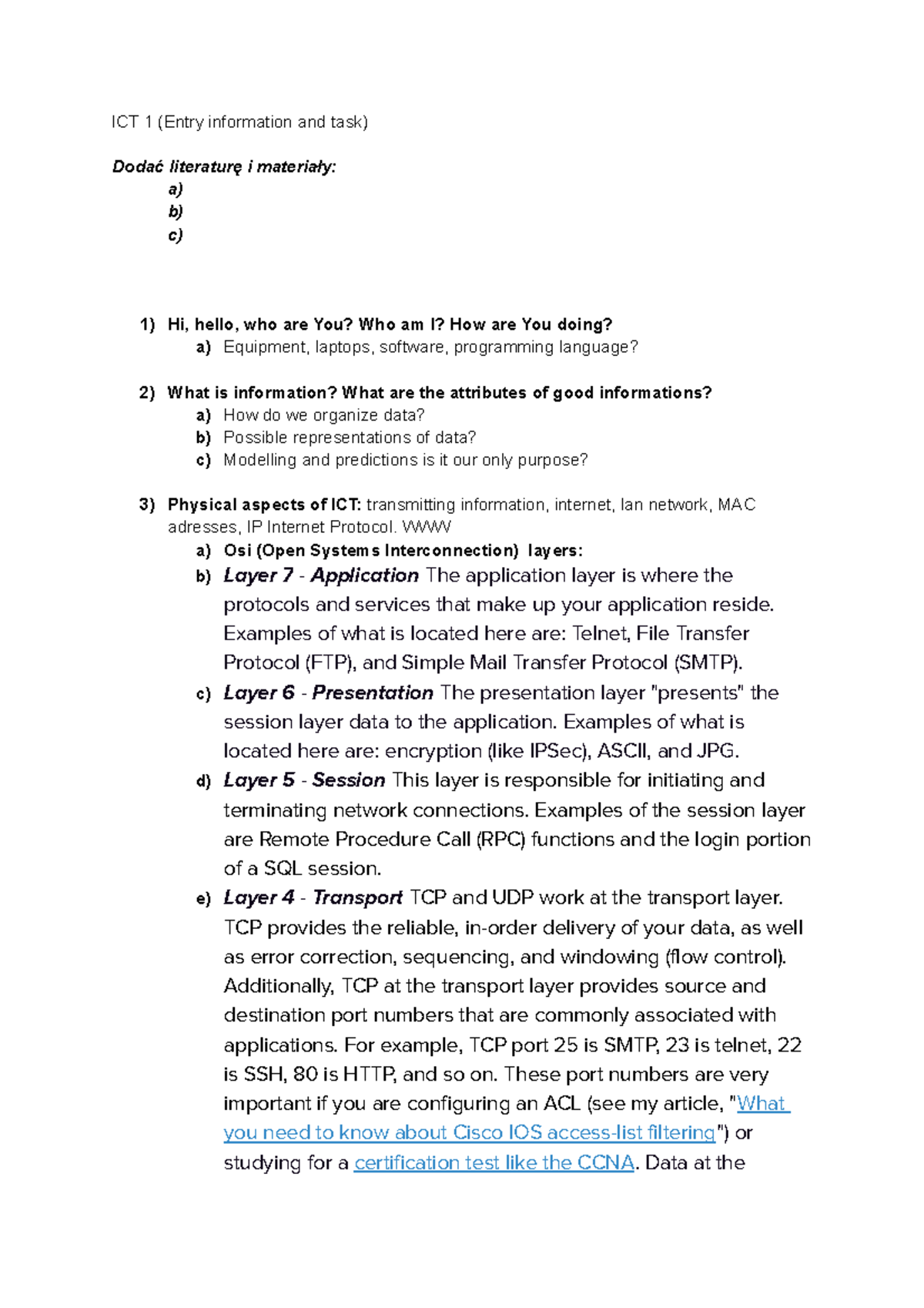 ICT 1 (Entry information and task) - WWW a) Osi (Open Systems ...