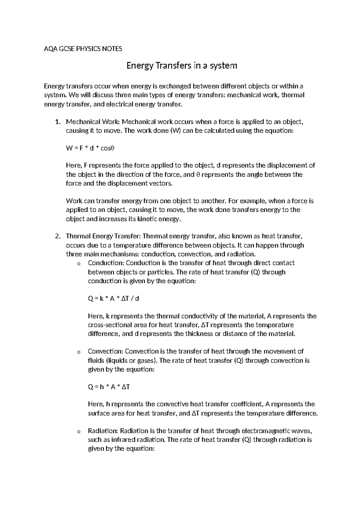 Energy Transfers in a System GCSE Physics AQA - AQA GCSE PHYSICS NOTES ...