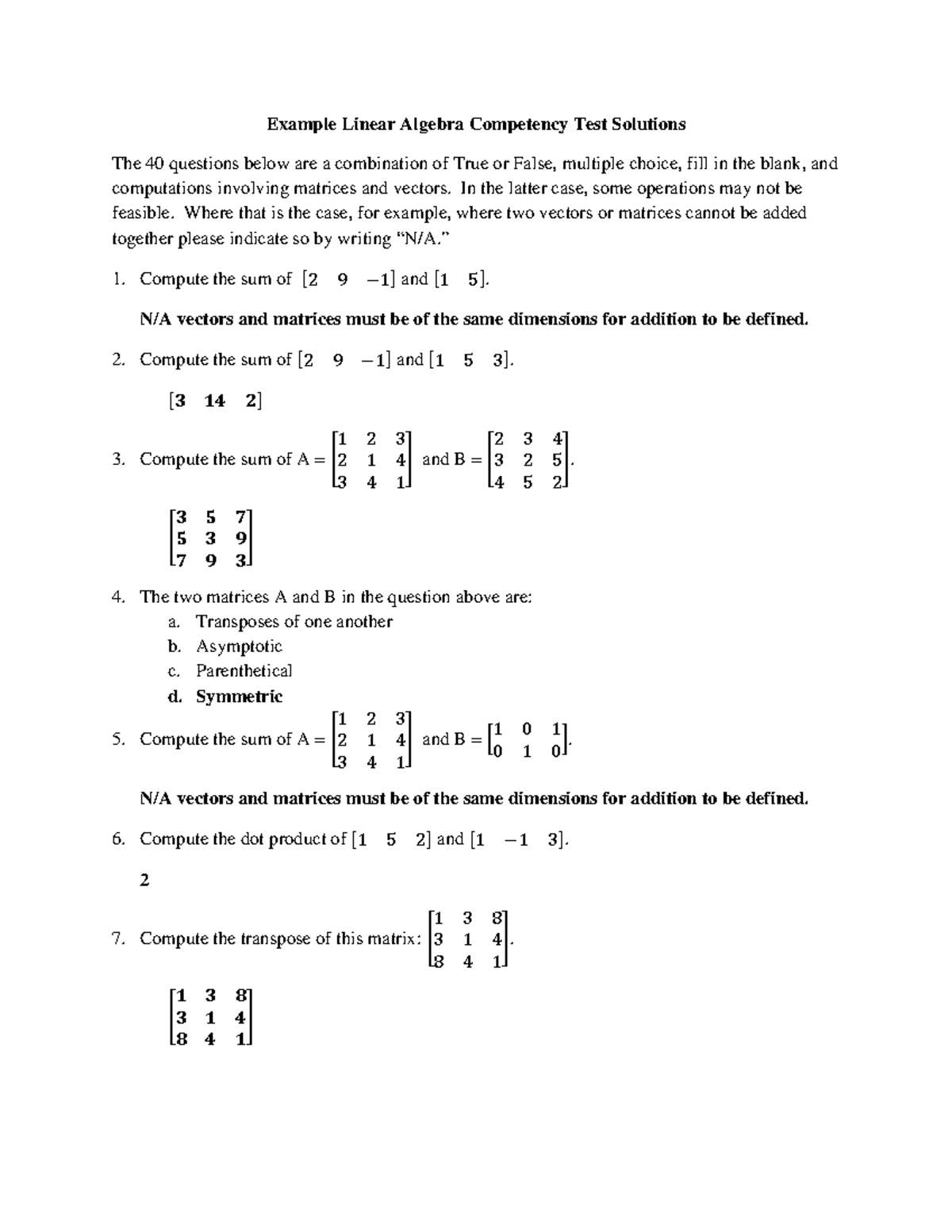 Linear algebra competency test solutions - 2 Example Linear Algebra ...