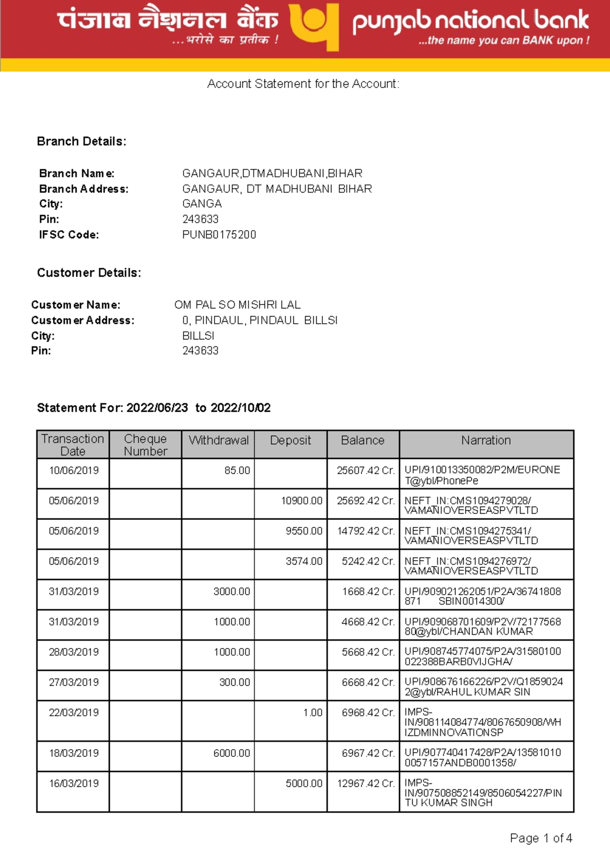 BANK Statement - Page 1 of 4 Account Statement for the Account: Branch ...