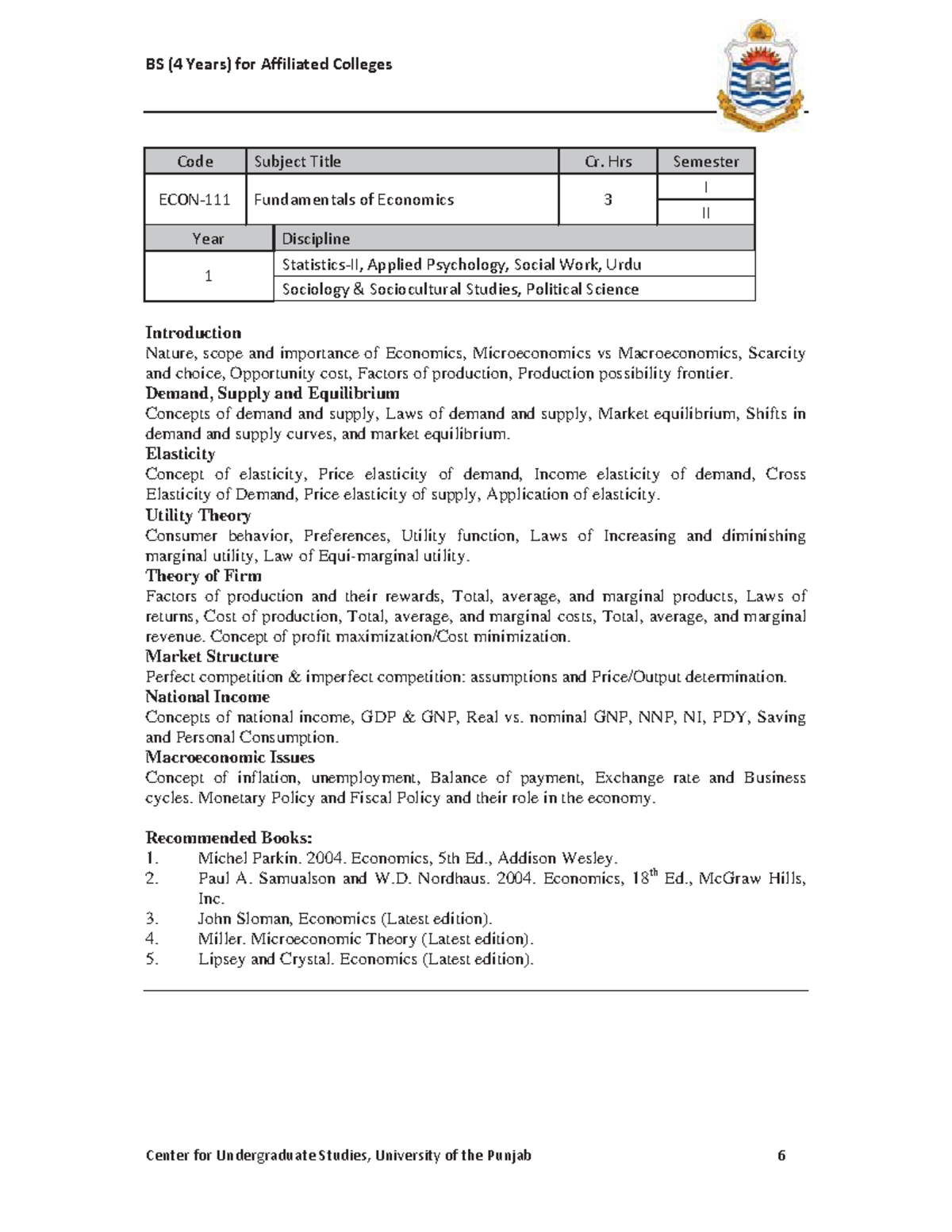 C ECON-111 - OUTLINE - BS (4 Years) for Affiliated Colleges - Studocu