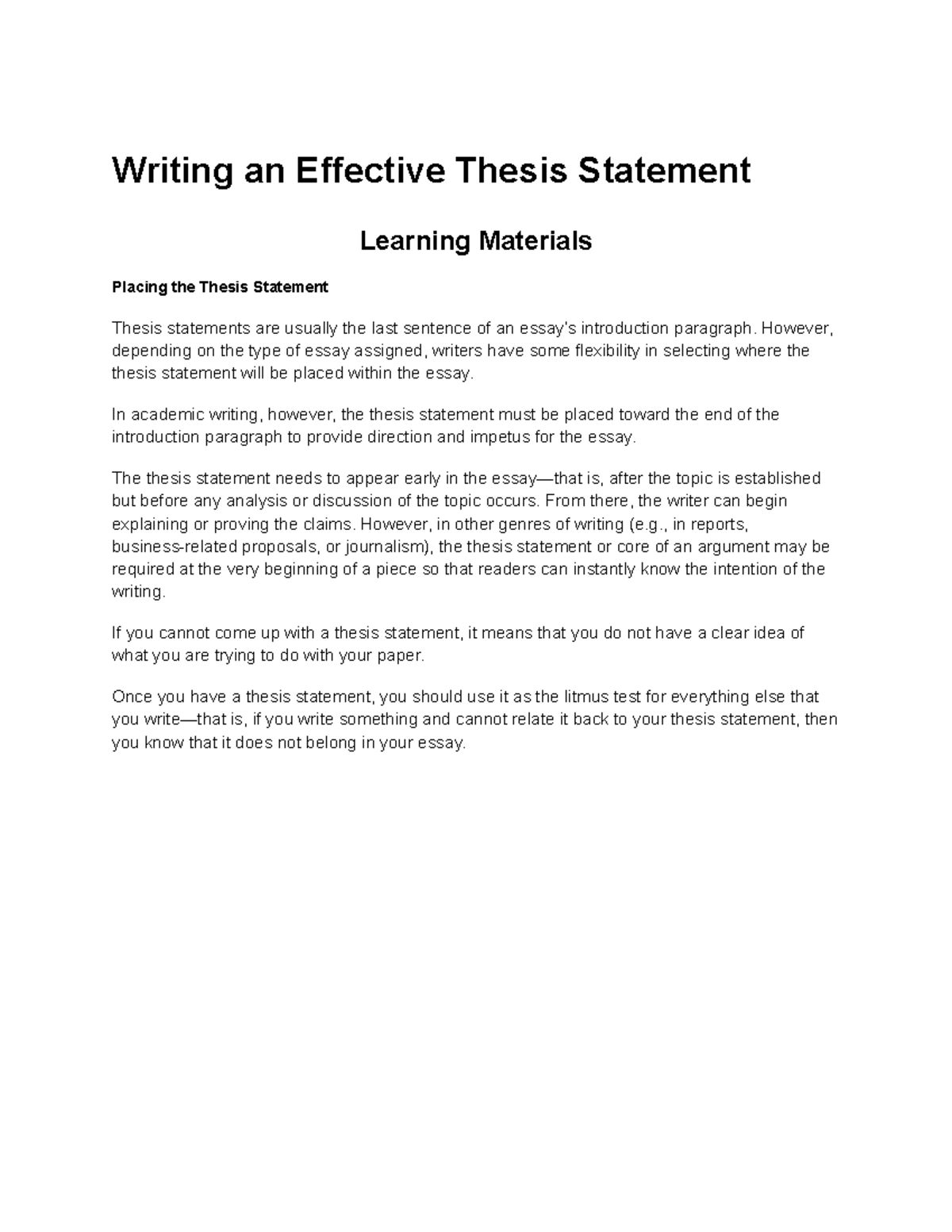 Writing an Effective Thesis Statement - Writing an Effective Thesis ...
